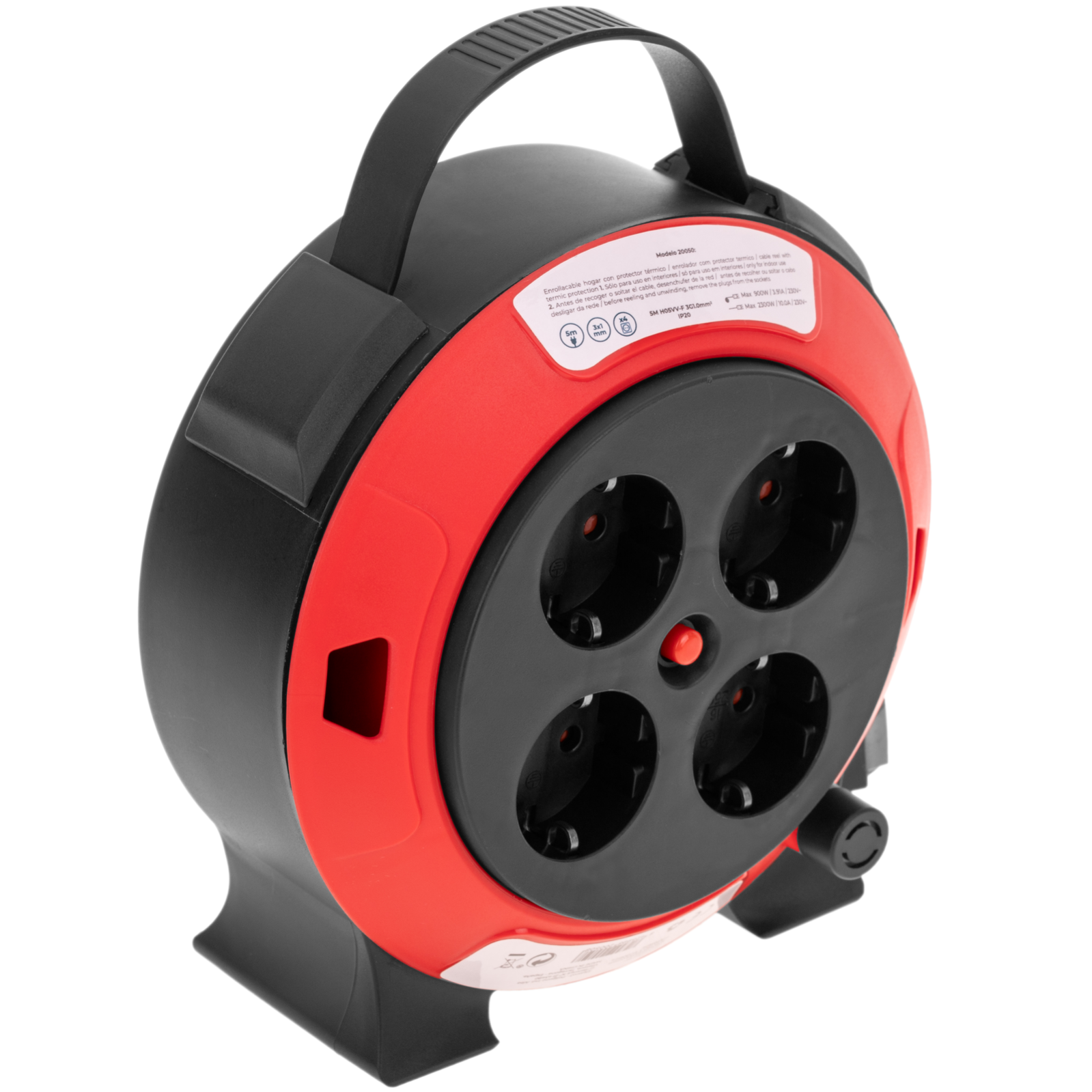 Alargo enrollacable con protector térmico de 4 Schuko 5m rojo | Leroy ...