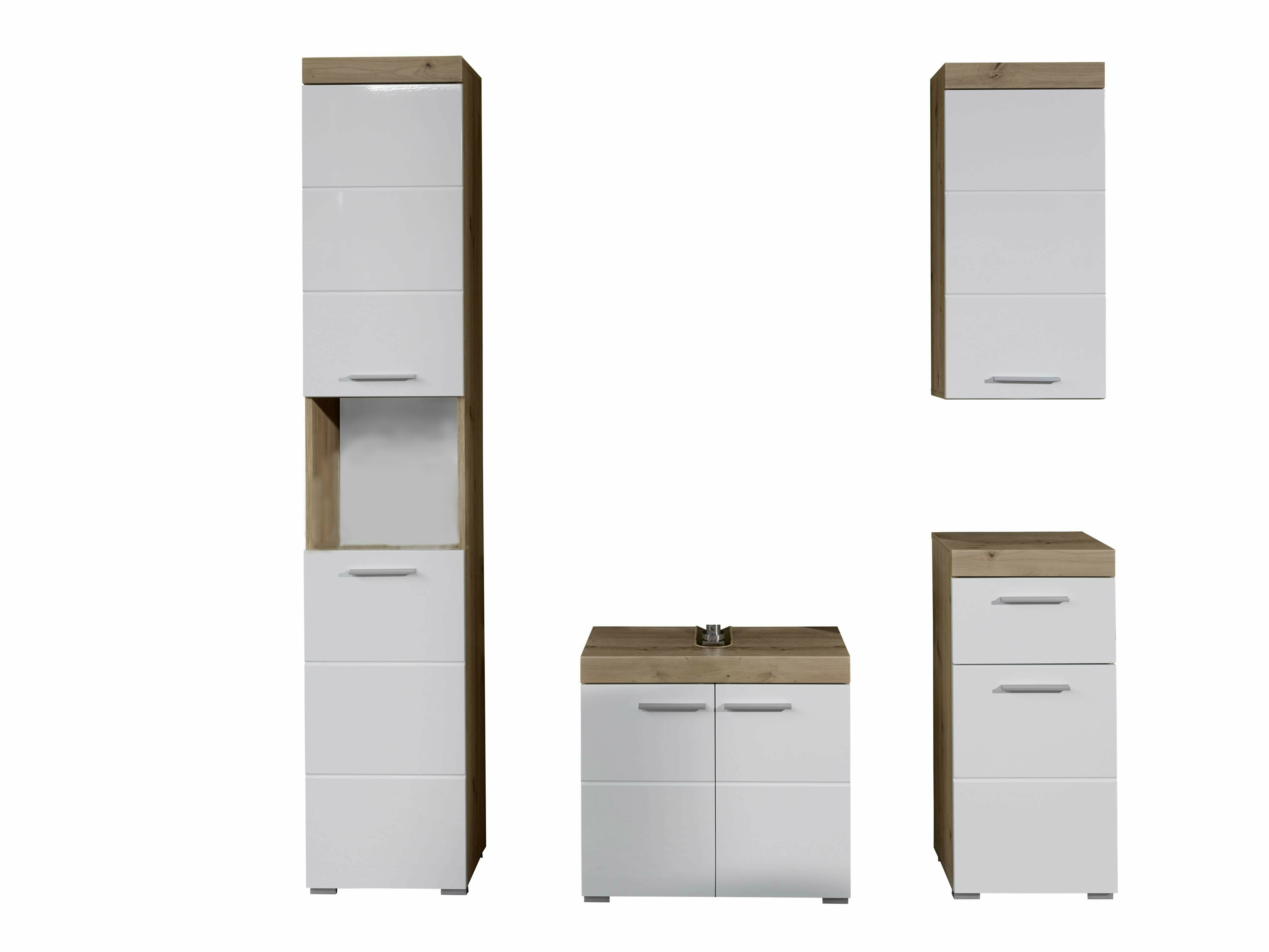 AMANDA - Ensemble de salle de bains. Mélaminé coloris chêne et blanc brillant. 4 pièces. L - H ...