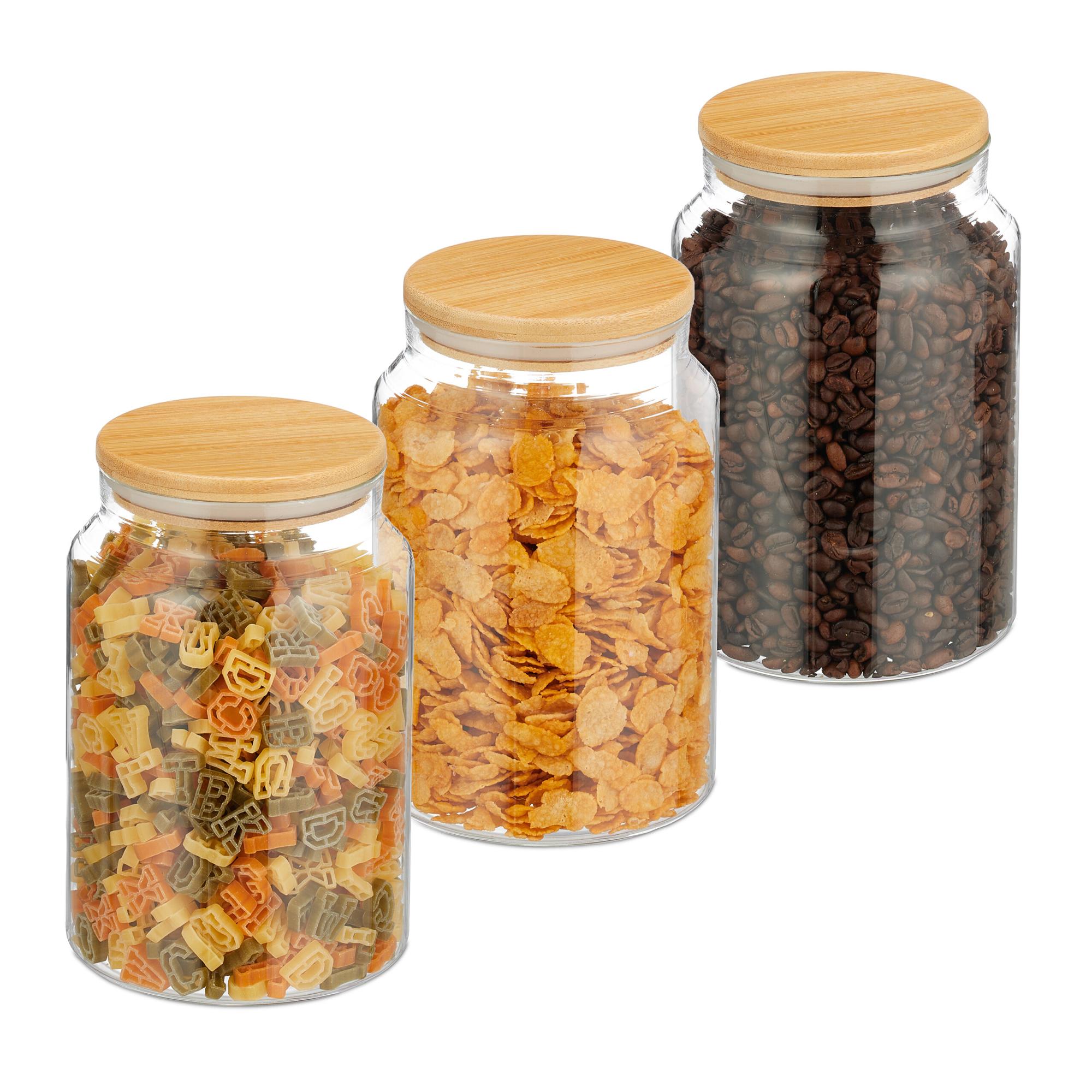 Relaxdays Set da 3 Barattoli Alimenti, Coperchio in Bambù Ermetico ...
