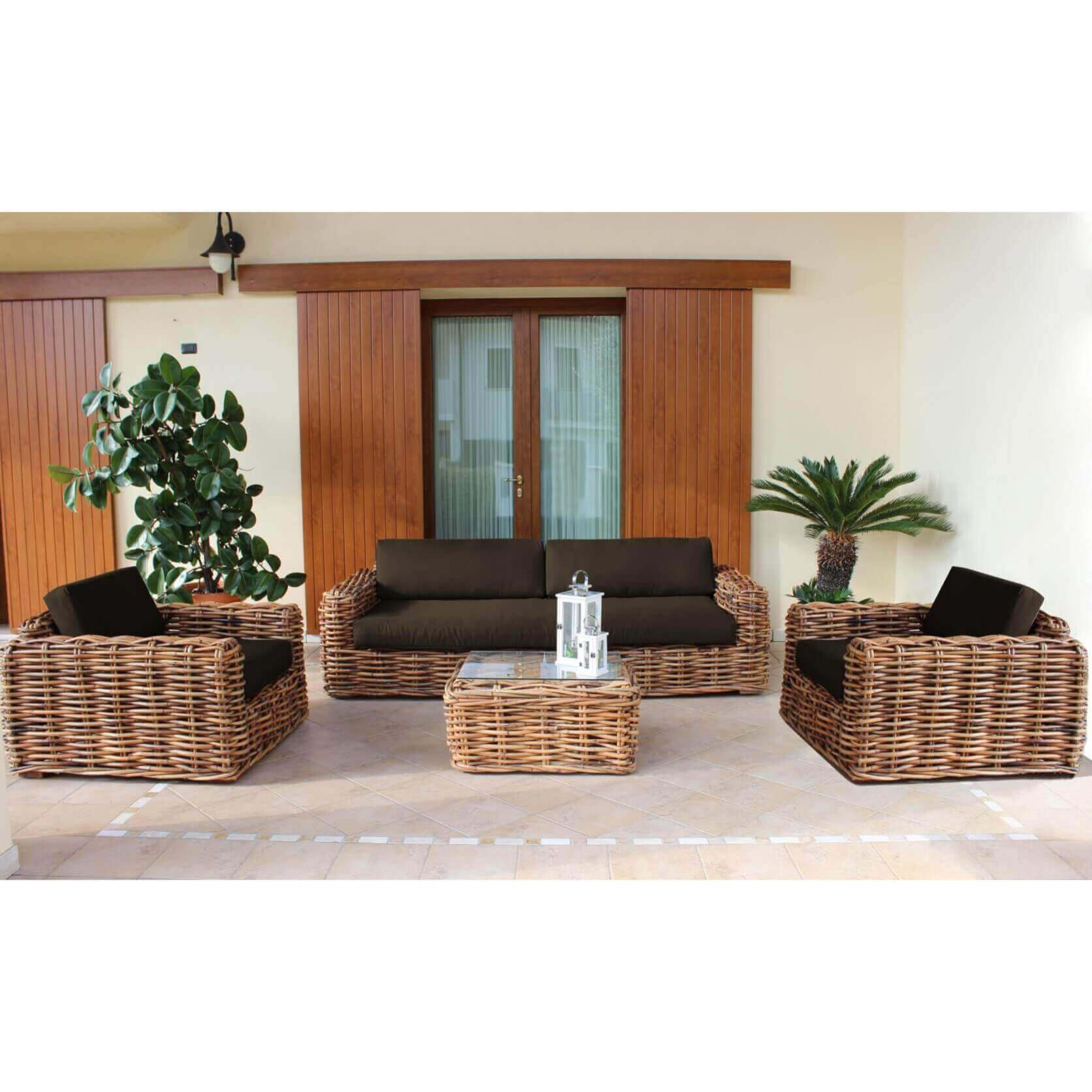 Set salotto divano 3 posti con 2 poltrone tavolo e cuscini in Rattan ...