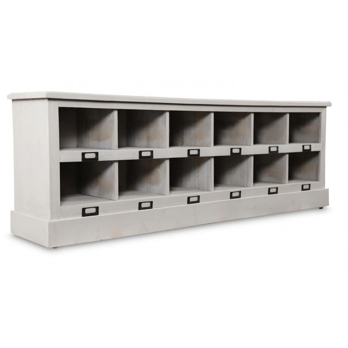 Meuble Bas Rangement Bois Cerusé Blanc 12 Rangements 154.5x32x53cm ...