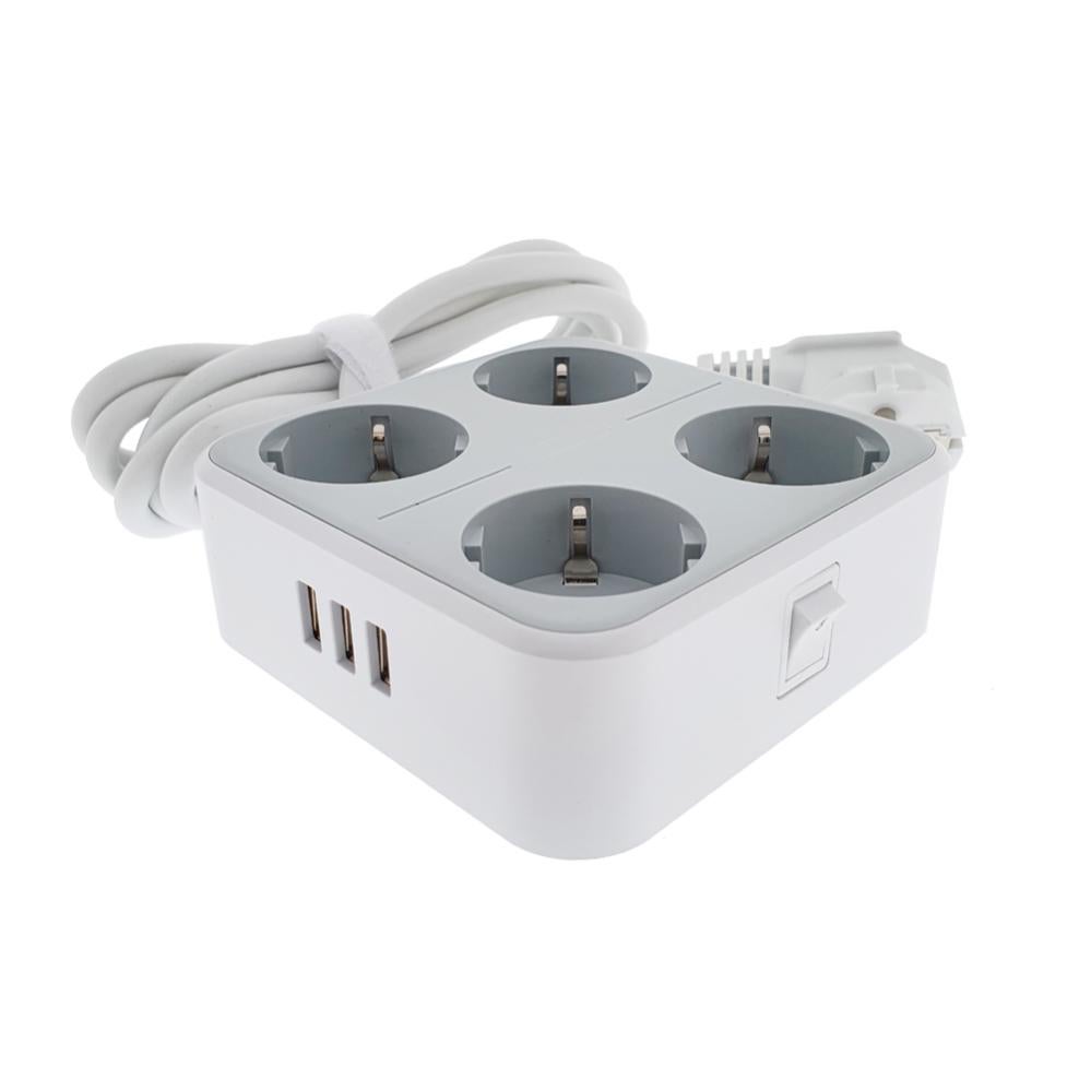 Regleta 4 tomas 16A 2P+T con 3 puertos USB 2,4A con interruptor y cable ...