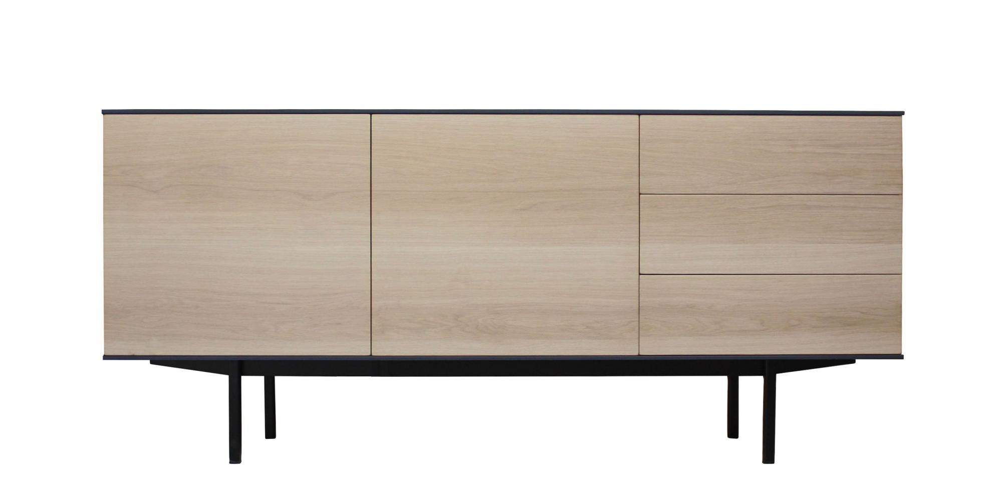 Buffet chêne blanchi, wengé noir et métal, 2 portes, 3 tiroirs - 180L x ...