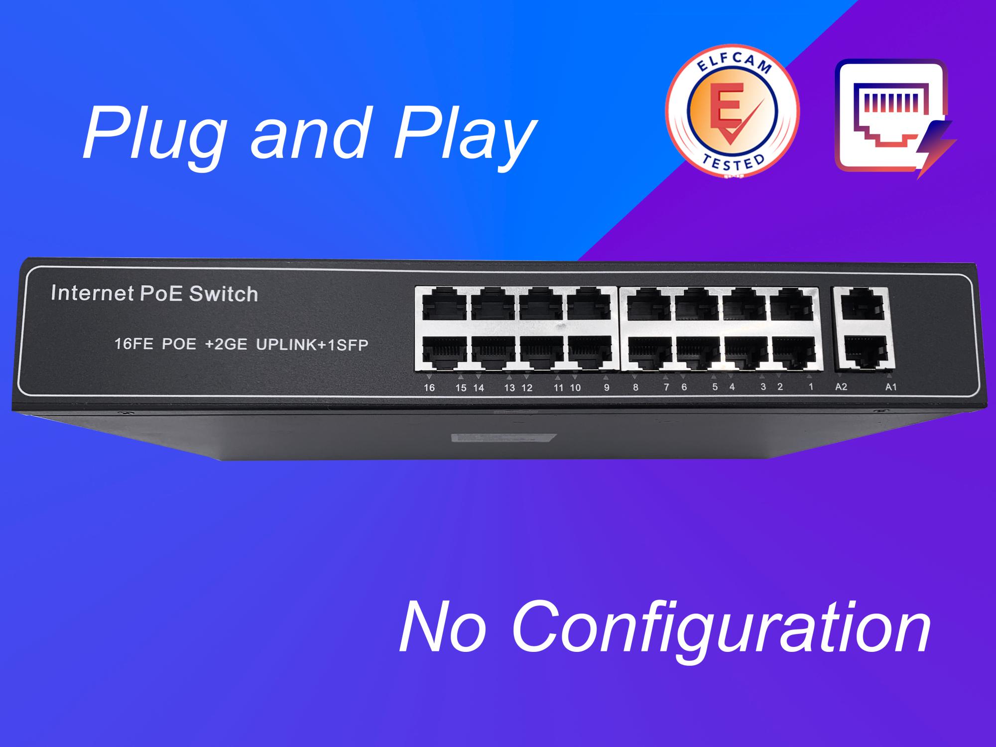 Elfcam® - 16 Ports PoE Ethernet Switch avec 2 Ports Uplink Gigabit ...