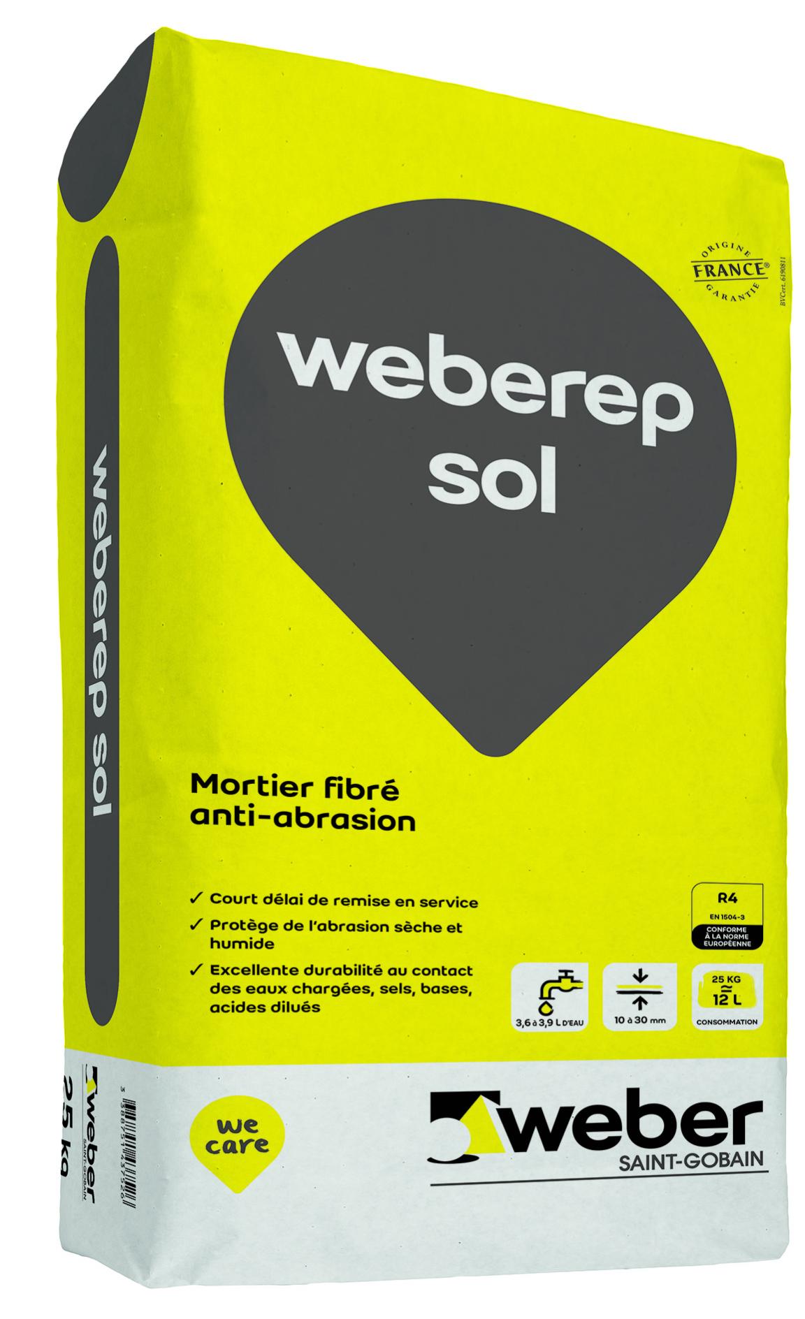 Mortier de réparation, protège de l'abrasion 25Kg, Weberep sol, classe R4 selon norme NF EN 1504 ...