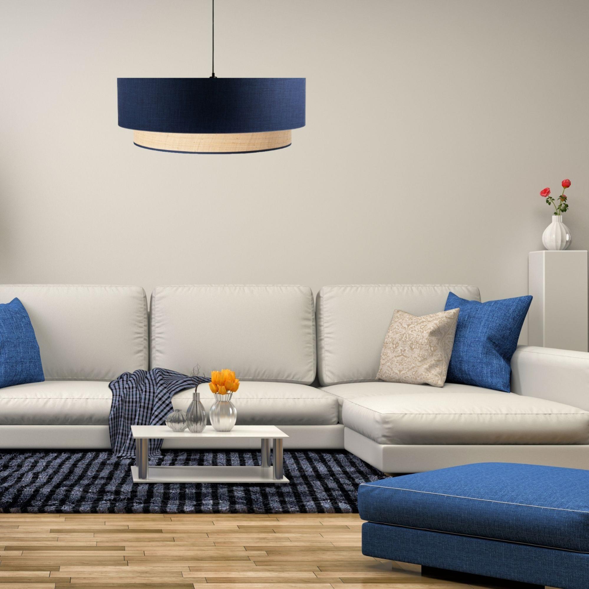 Suspension déco BARON en lin bleu indigo et raphia Taille Ø 50 Hauteur ...