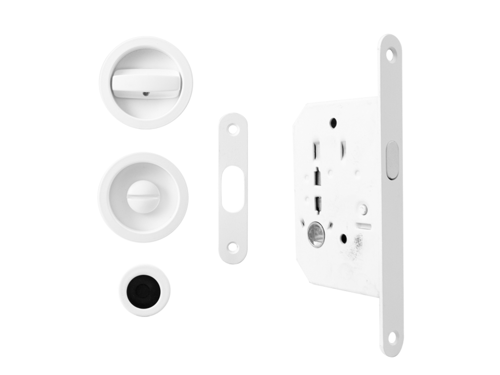 MANIGLIA INCASSO 3666 TONDO CON NOTTOLINO d.57/48 E50+SERRATURA BIANCO ...