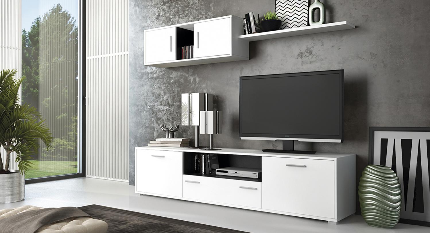 Ensemble de salon meuble TV + 1 étagère murale + meuble haut coloris ...