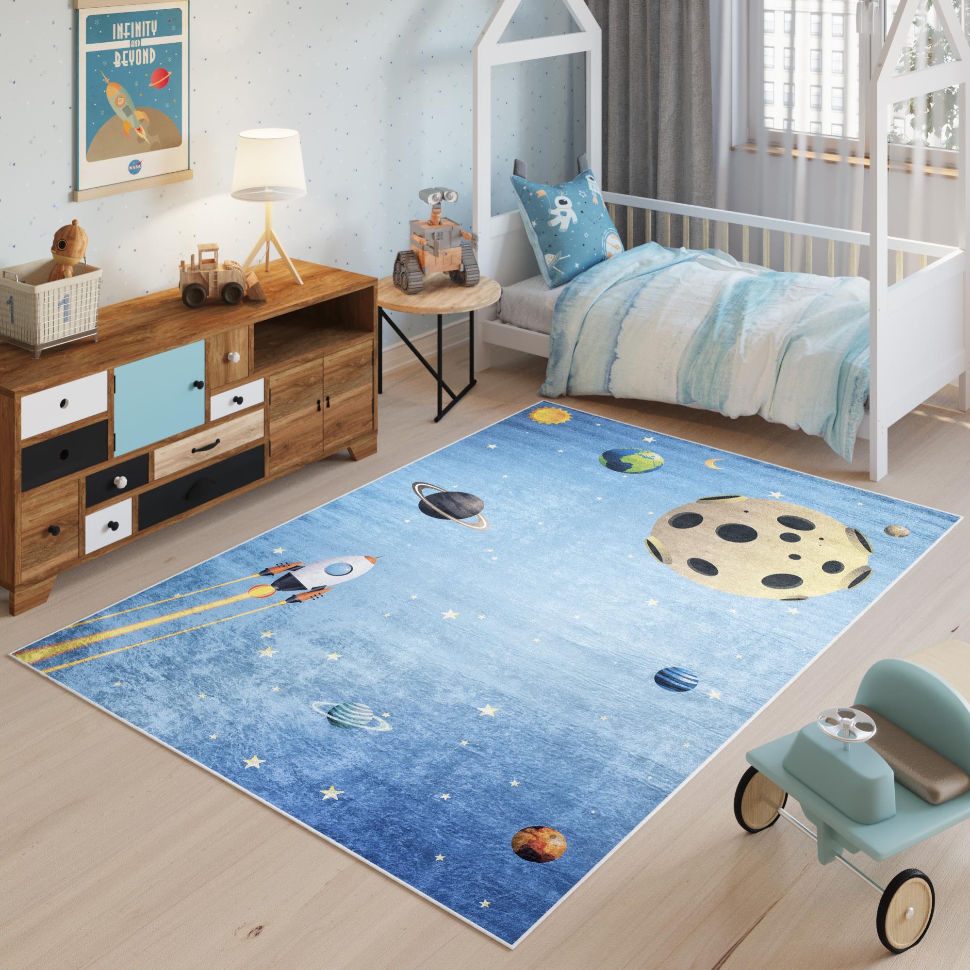 TAPISO Emma Tapis Antidérapant Chambre Enfant Bébé Bleu Multicolore ...