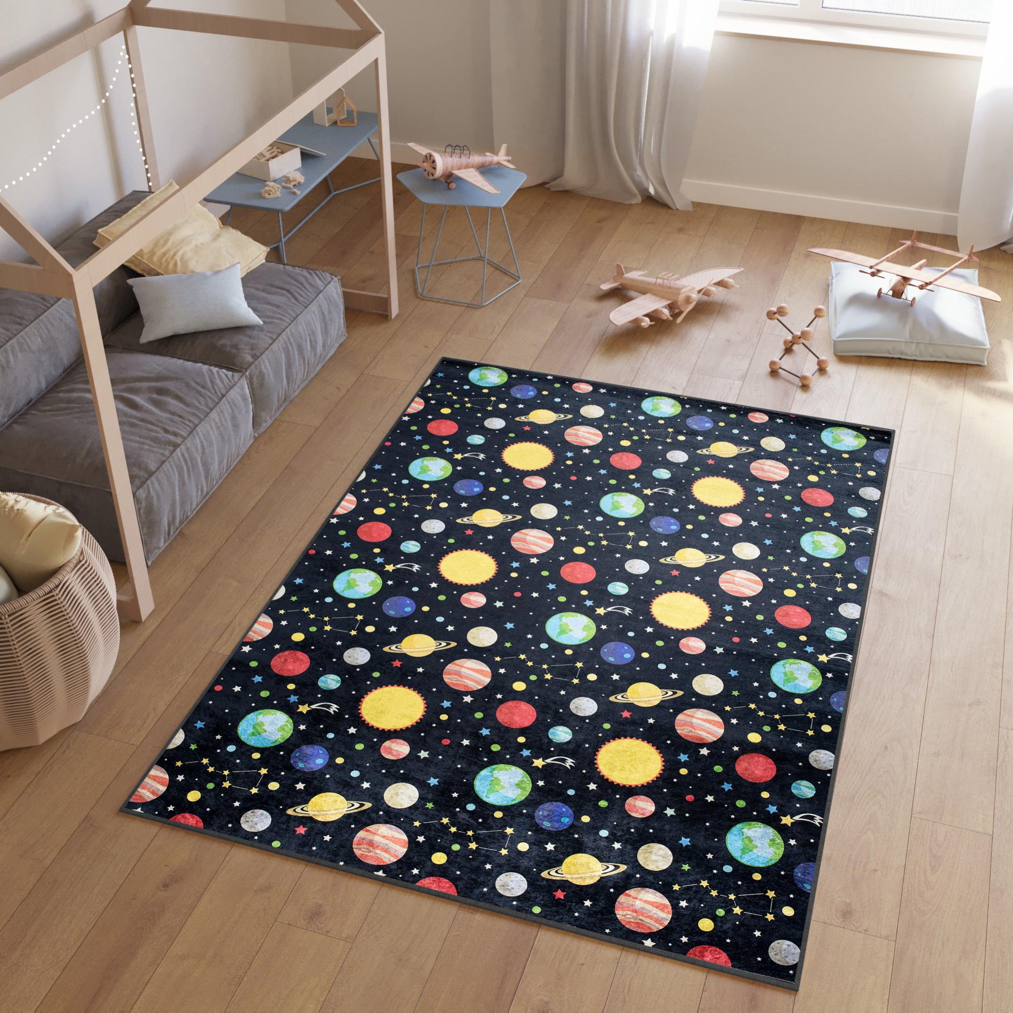 TAPISO Emma Tapis Antidérapant Chambre Enfant Bébé Noir Multicolore ...