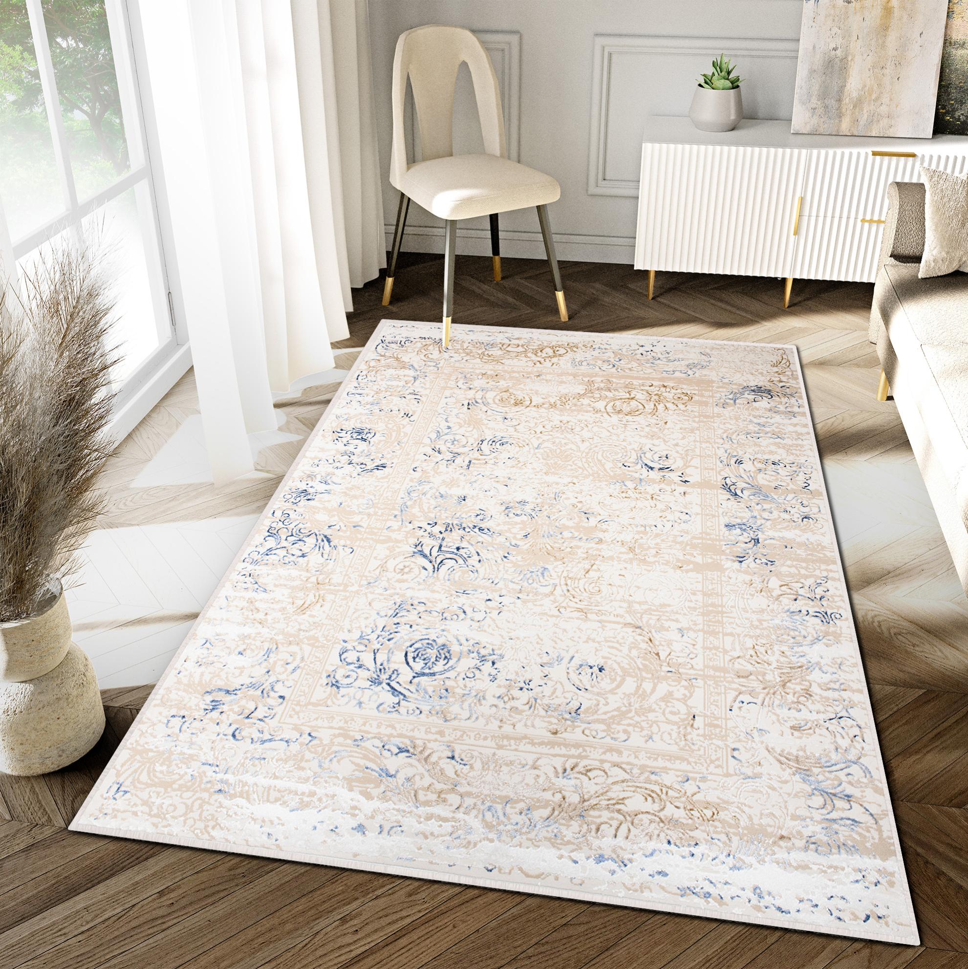 TAPISO Hera Alfombra de Pelo Corto Brillante Efecto 3D Crema Beige Azul ...