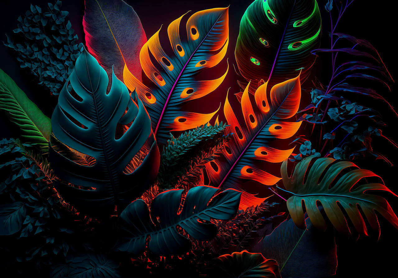 Papier Peint Intissé Panoramique Feuilles Néon Jungle 368x254 cm - Colle Inclus - Chambre et ...