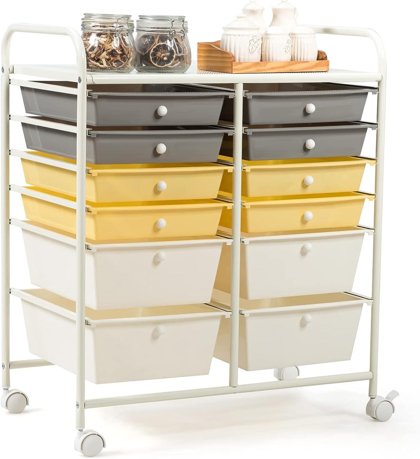 Chariot de Rangement à Roulette 12 Tiroirs en PP, 64x38x75cm (Jaune ...