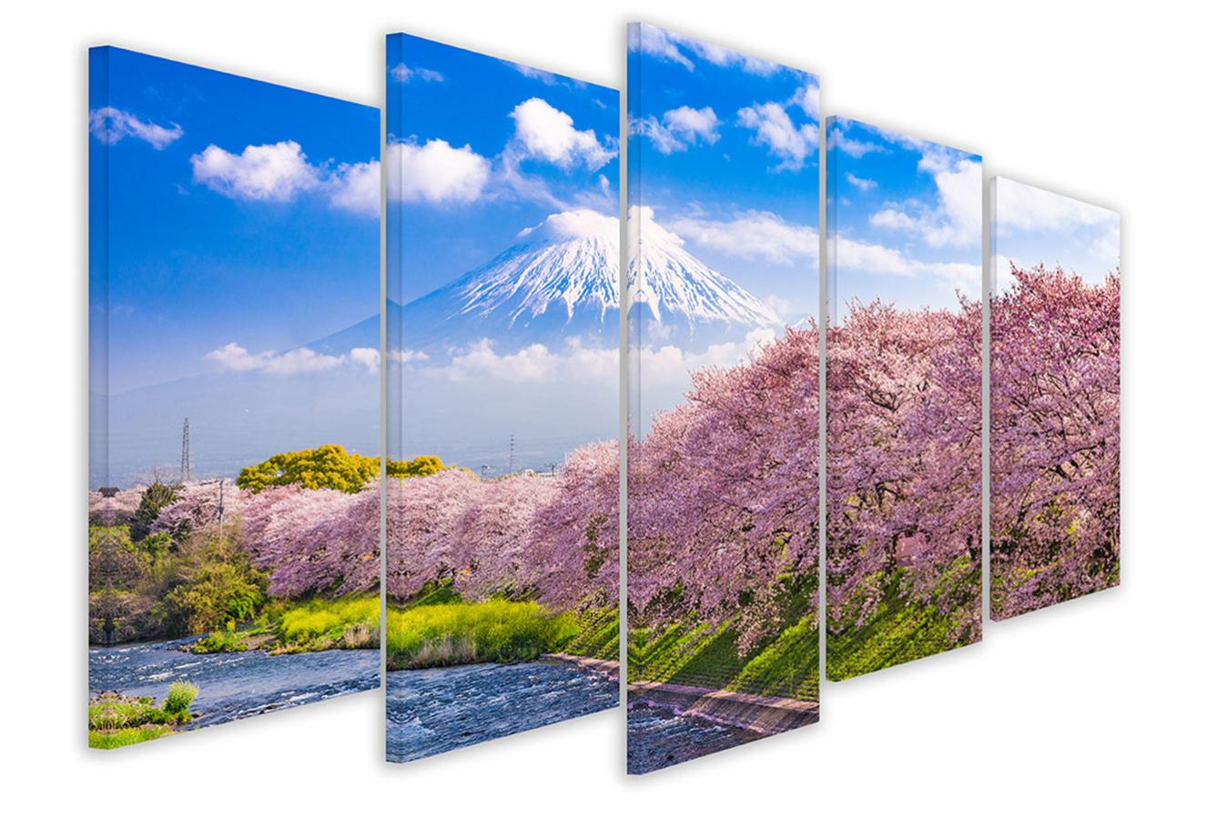 Tableau 5 parties paysage mont fuji et cerisiers en fleurs - 150x80 cm ...