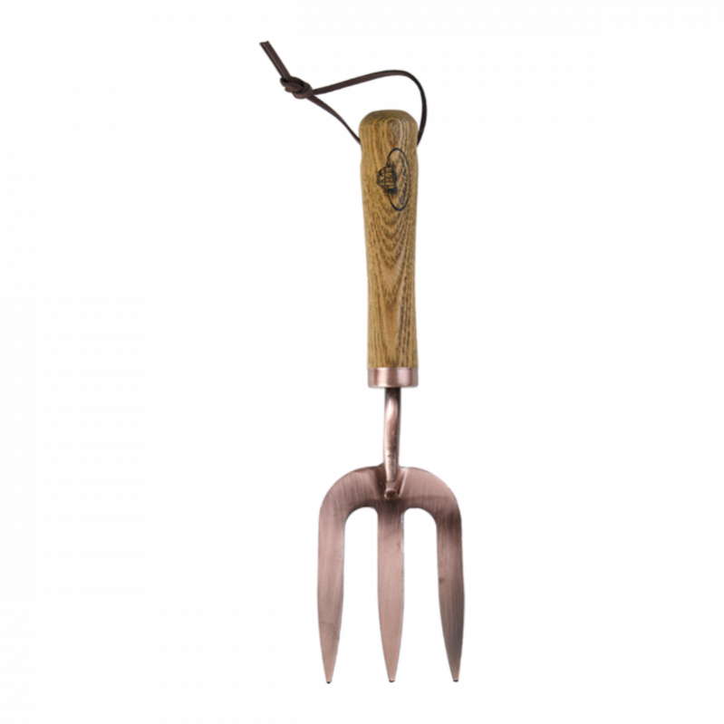 Fourche de jardinage plaquée cuivre - L 28,3 cm - Frêne, acier et cuir ...