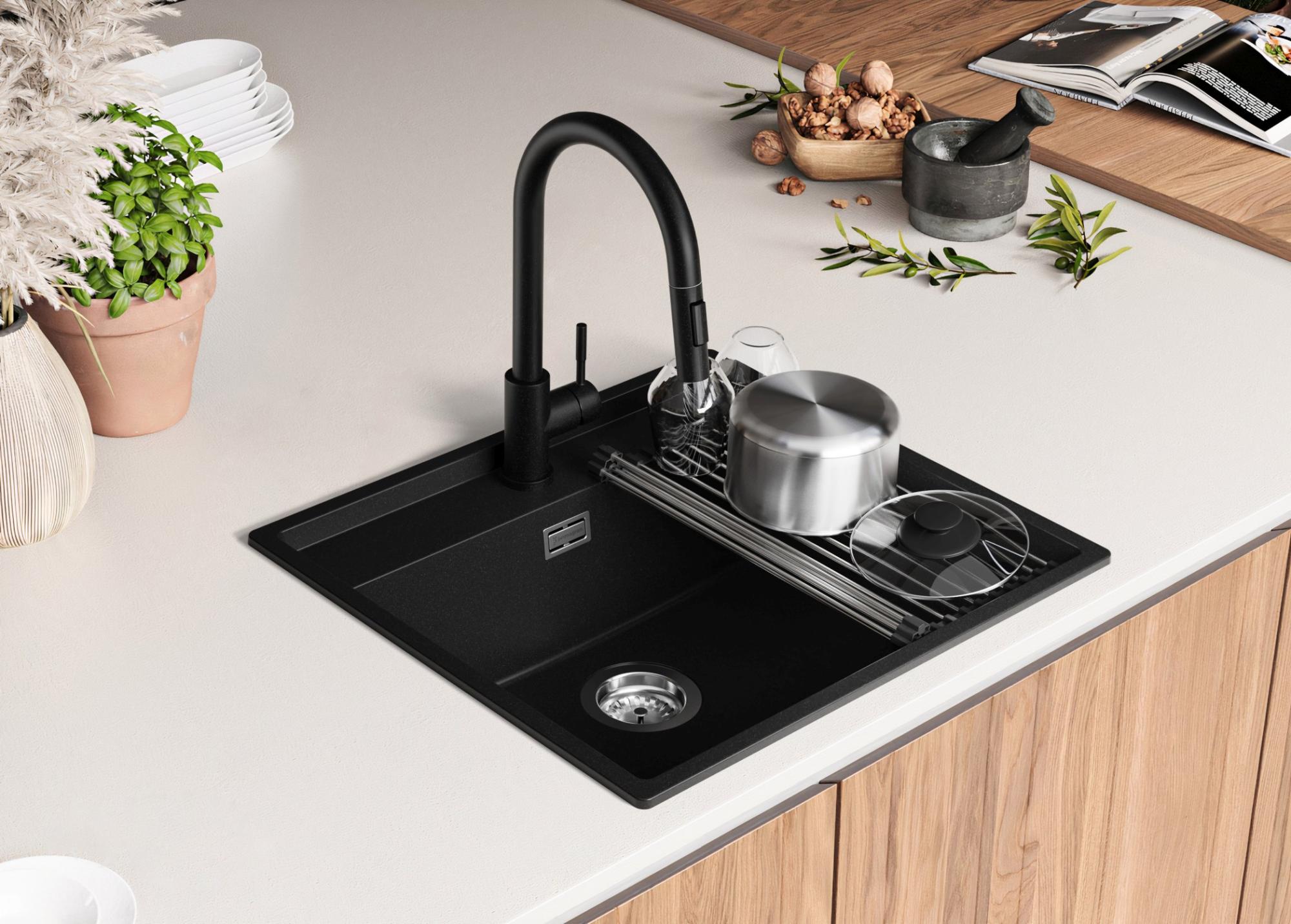 Lavello Cucina Nero 58x53 cm, Lavello in Granito 1 Vasca + Set di ...