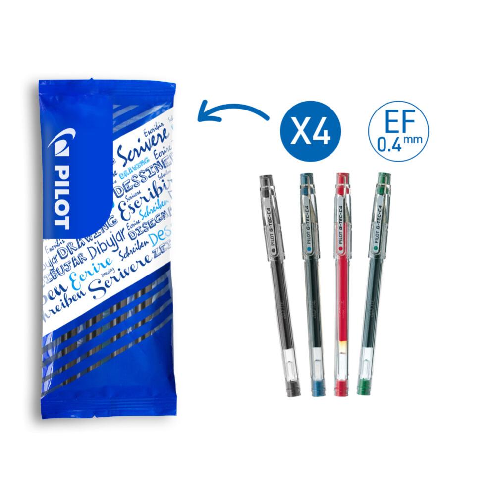 Pilot G -Tec C4 Crayon de Gel - Extra Mince - Gamme de Couleurs Noir/Bleu/Vert/Rouge - 4 pièces ...