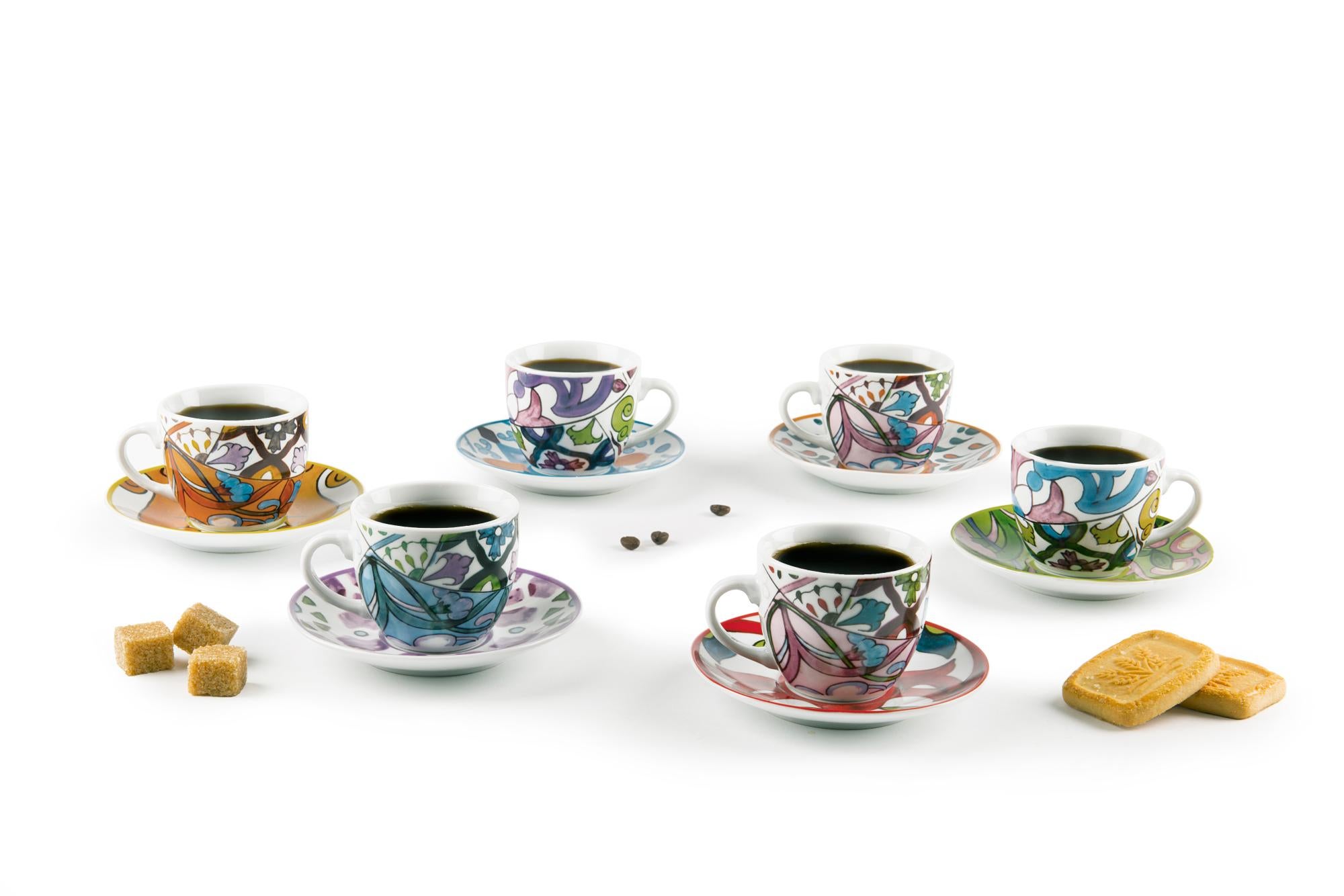Excelsa set 6 tazze caffe' con piattini Lisbona porcellana multicolor ...
