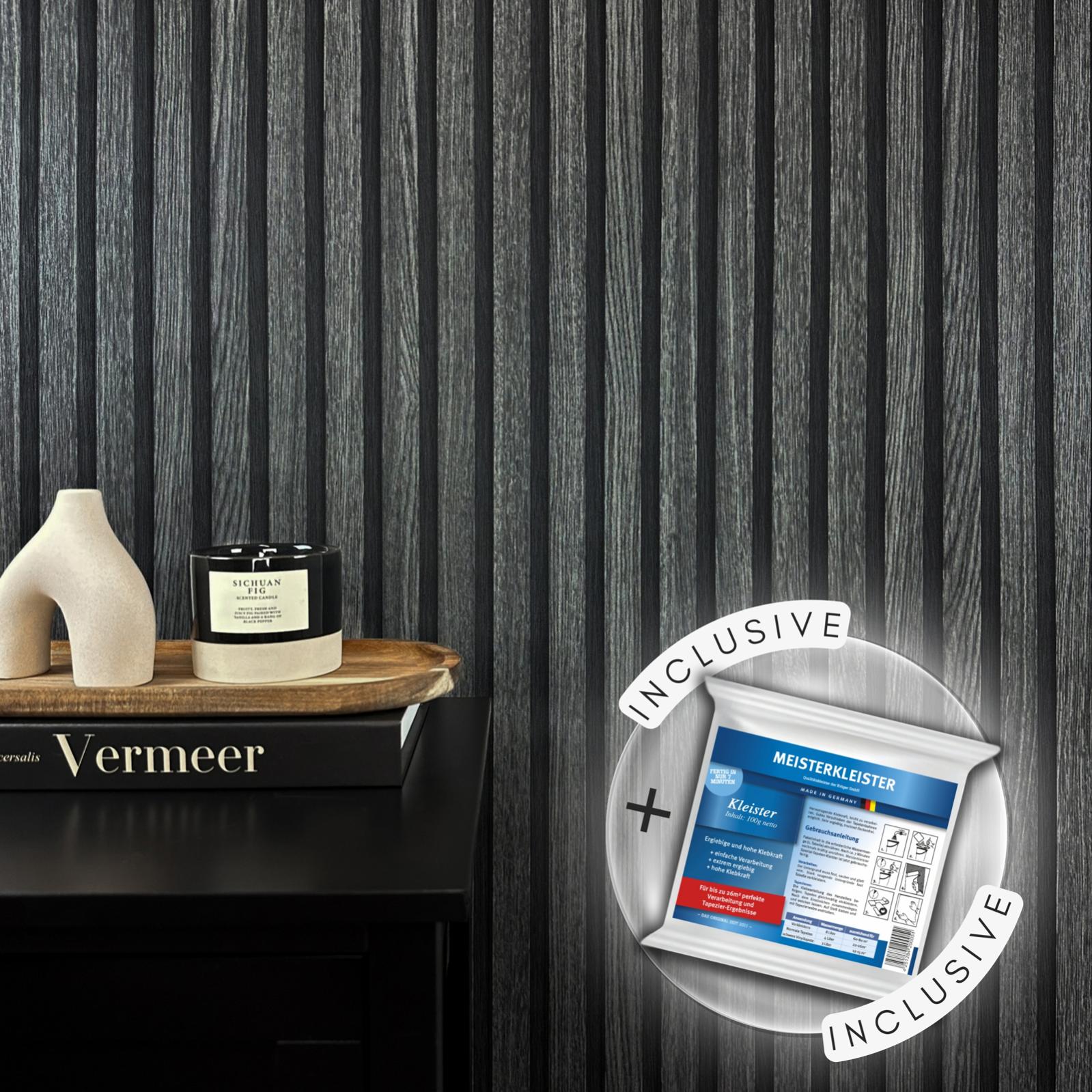 WALLCOVER Papier Peint inclus colle Noir imitation bois Mur de lamelles ...