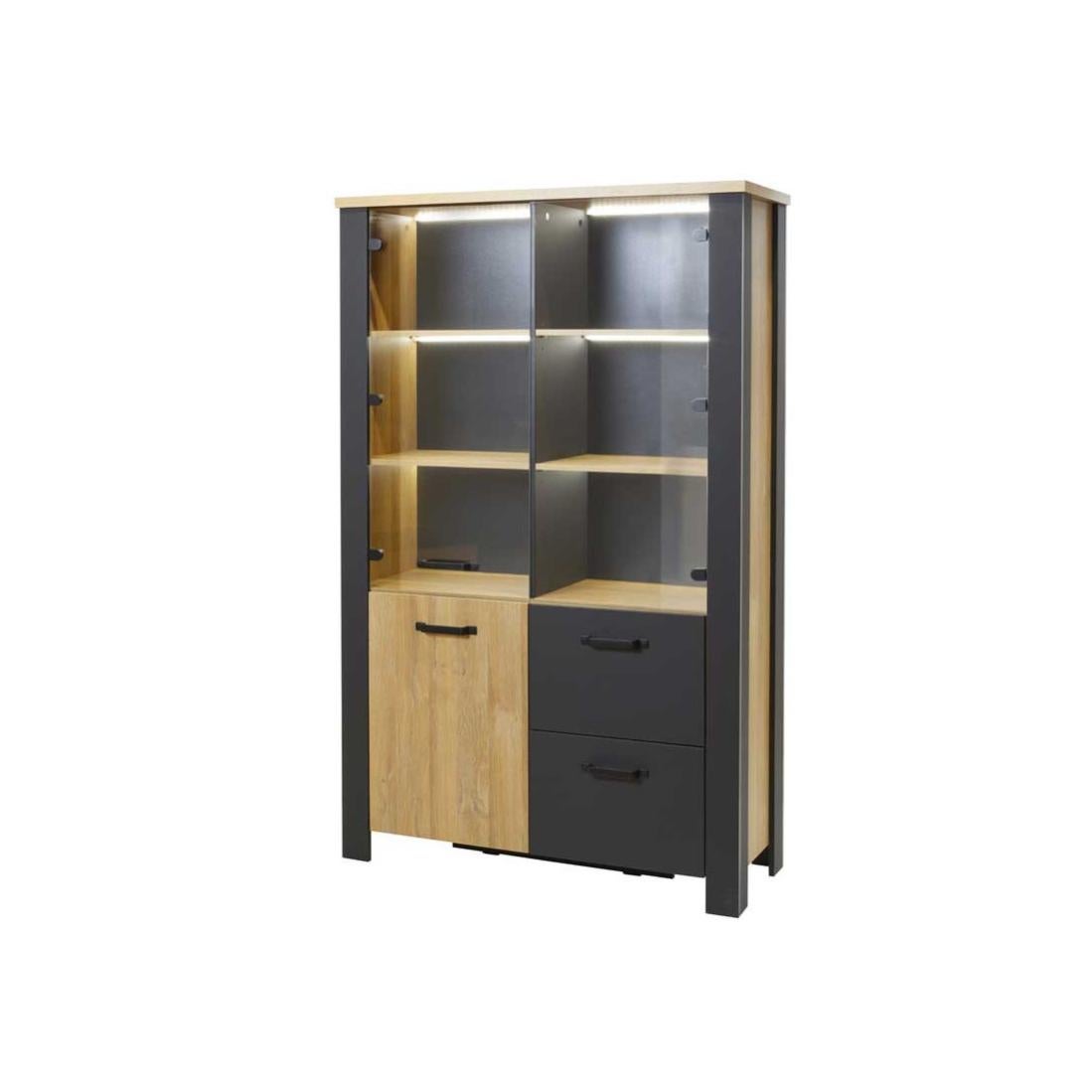 Vitrine 3 portes 2 tiroirs Chêne naturel/Noir - ARTEMIS | Leroy Merlin