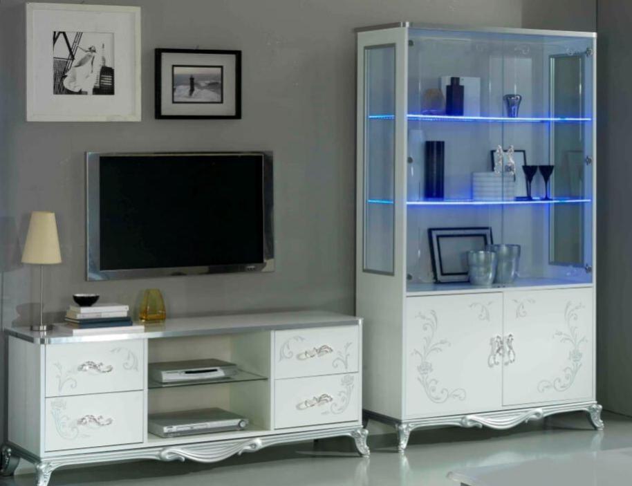 Vitrine à LED 4 portes bois laqué blanc et argent Dannie | Leroy Merlin