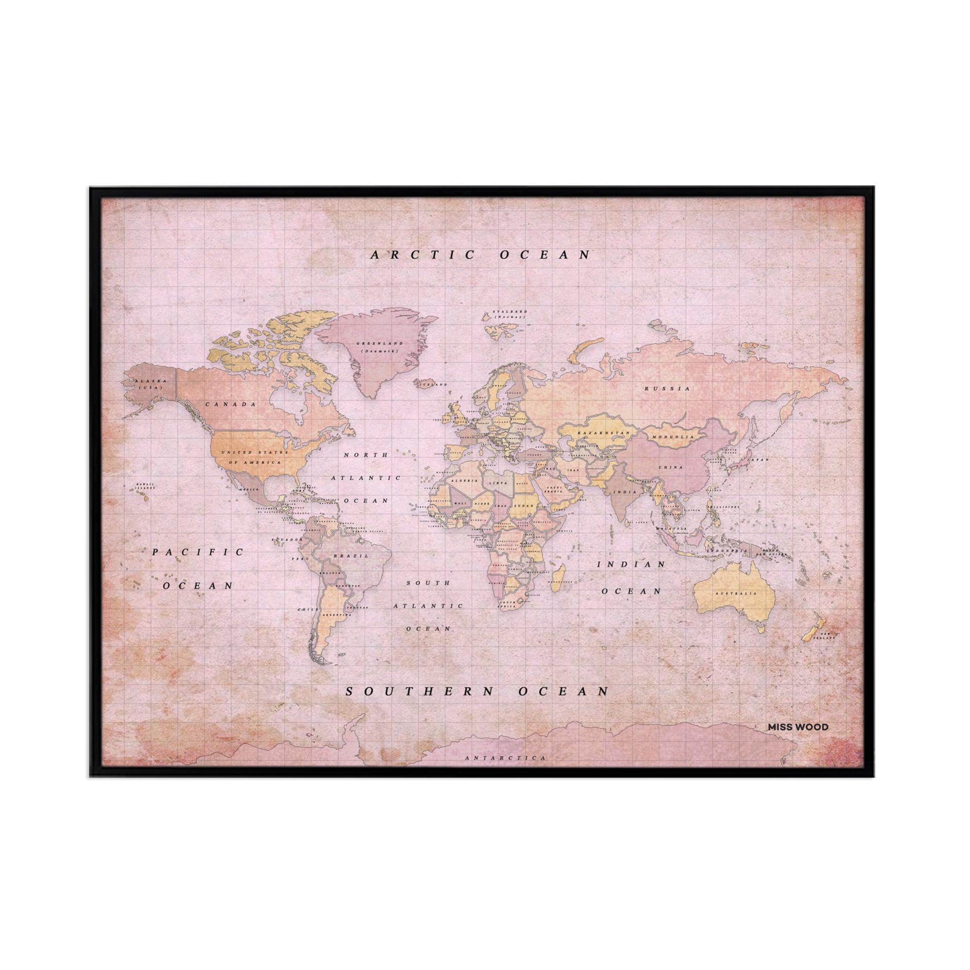 Carte du monde en liège - Woody Map Aquarelle Dusty Rose / 90 x 60 cm ...