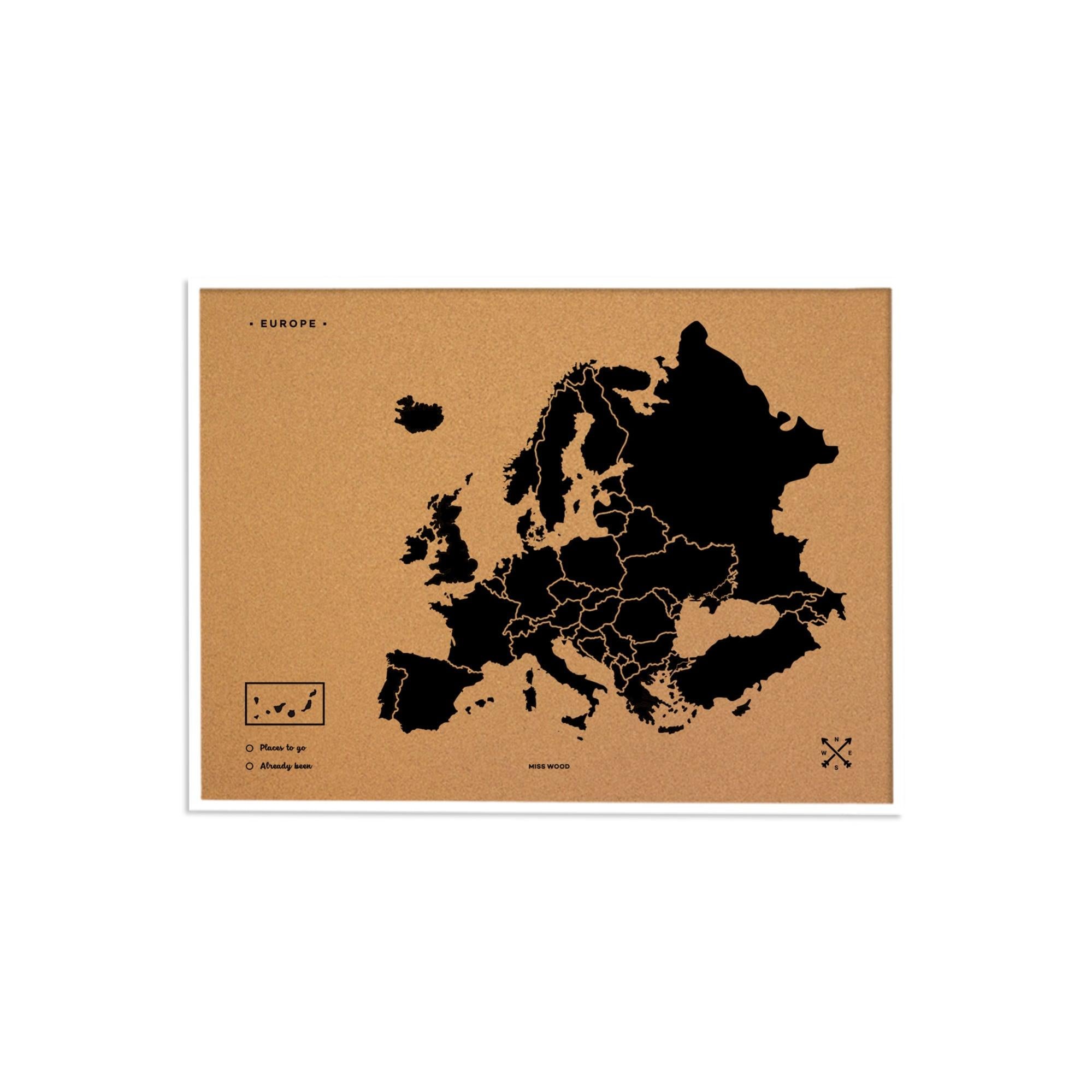Carte en liège - Woody Map Natural Europe / Noir / 60x45 cm / Cadre ...