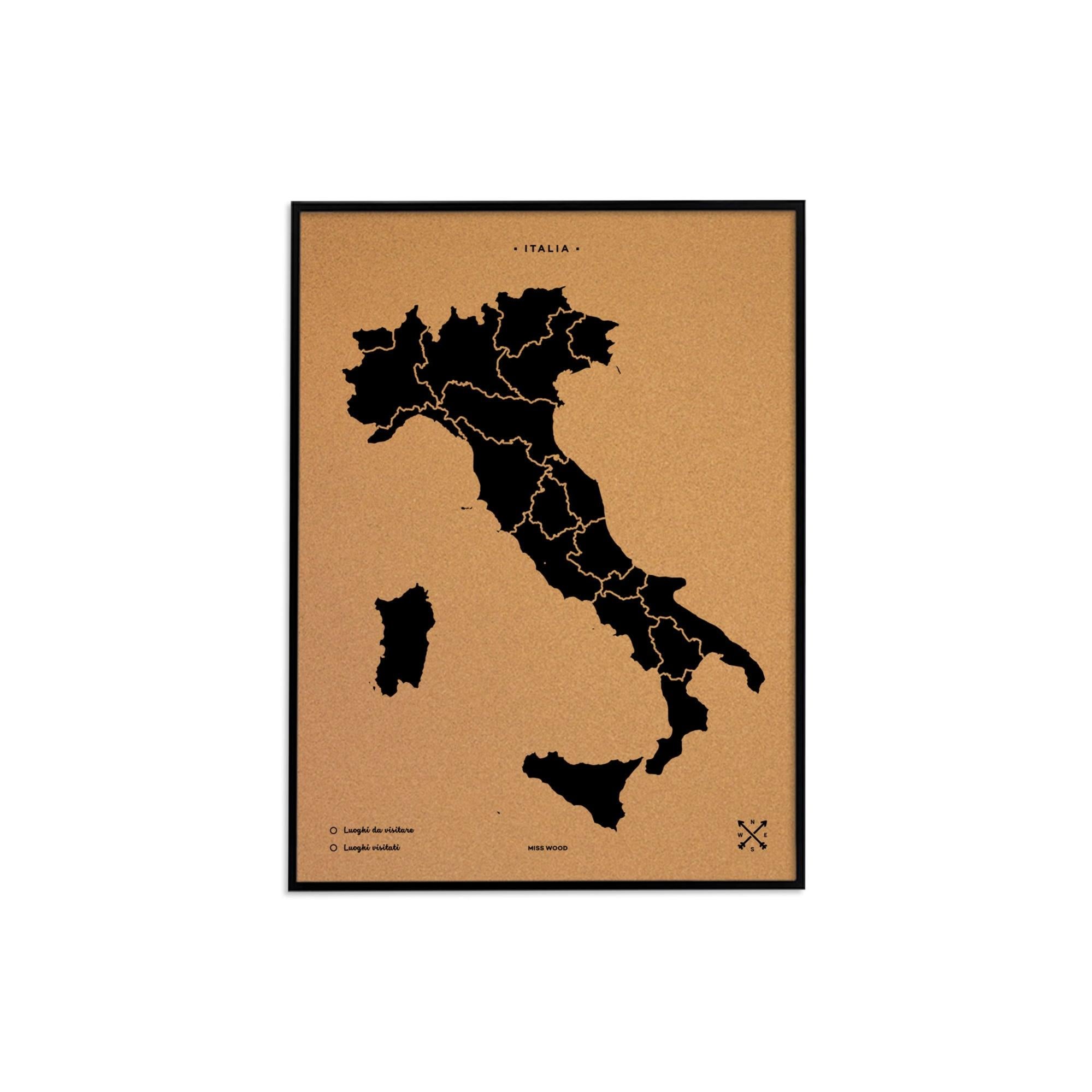 Mapa de corcho - Woody Map Natural Italia / 60 x 45 cm / Negro / Marco ...