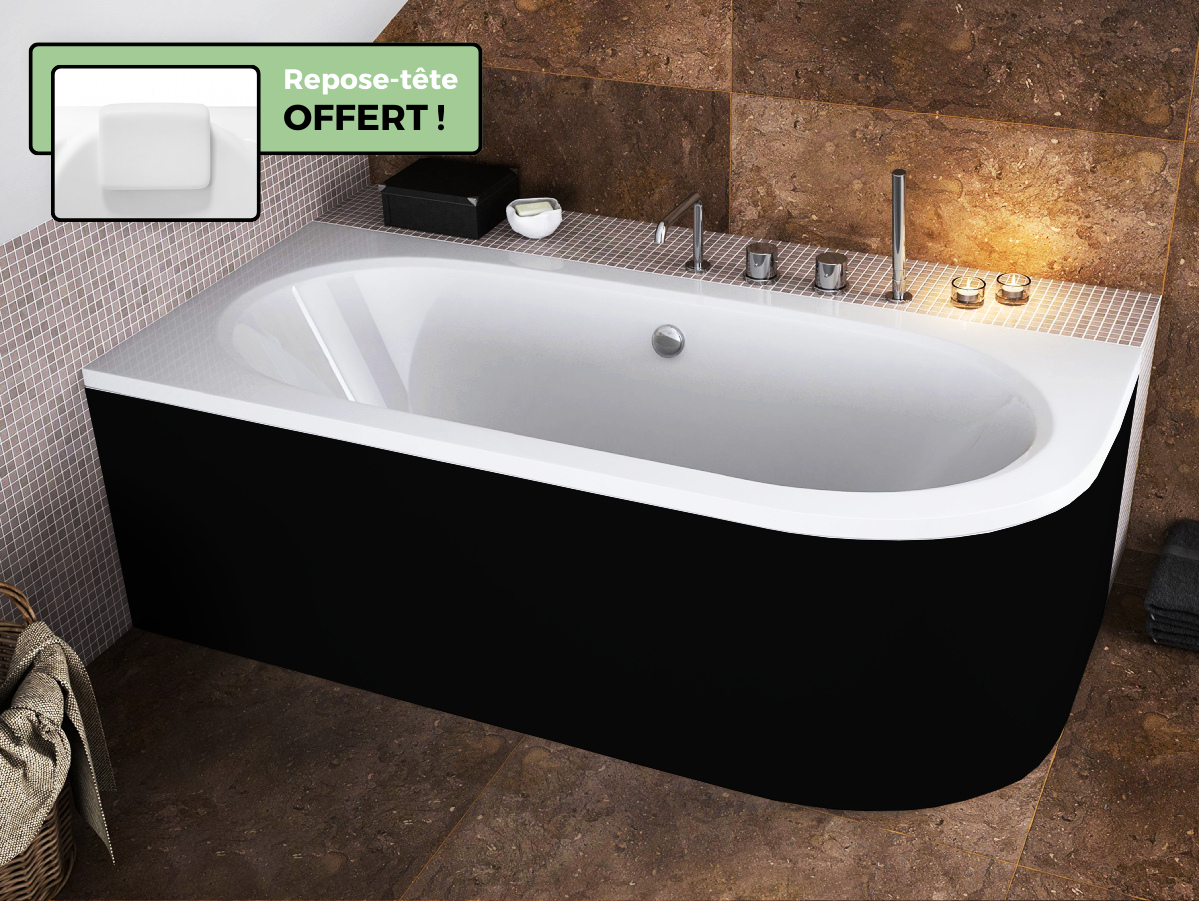 Baignoire d'Angle - avec Tablier Noir Mat et Repose Tête OFFERT | AVITA | 170x75 - Gauche ...