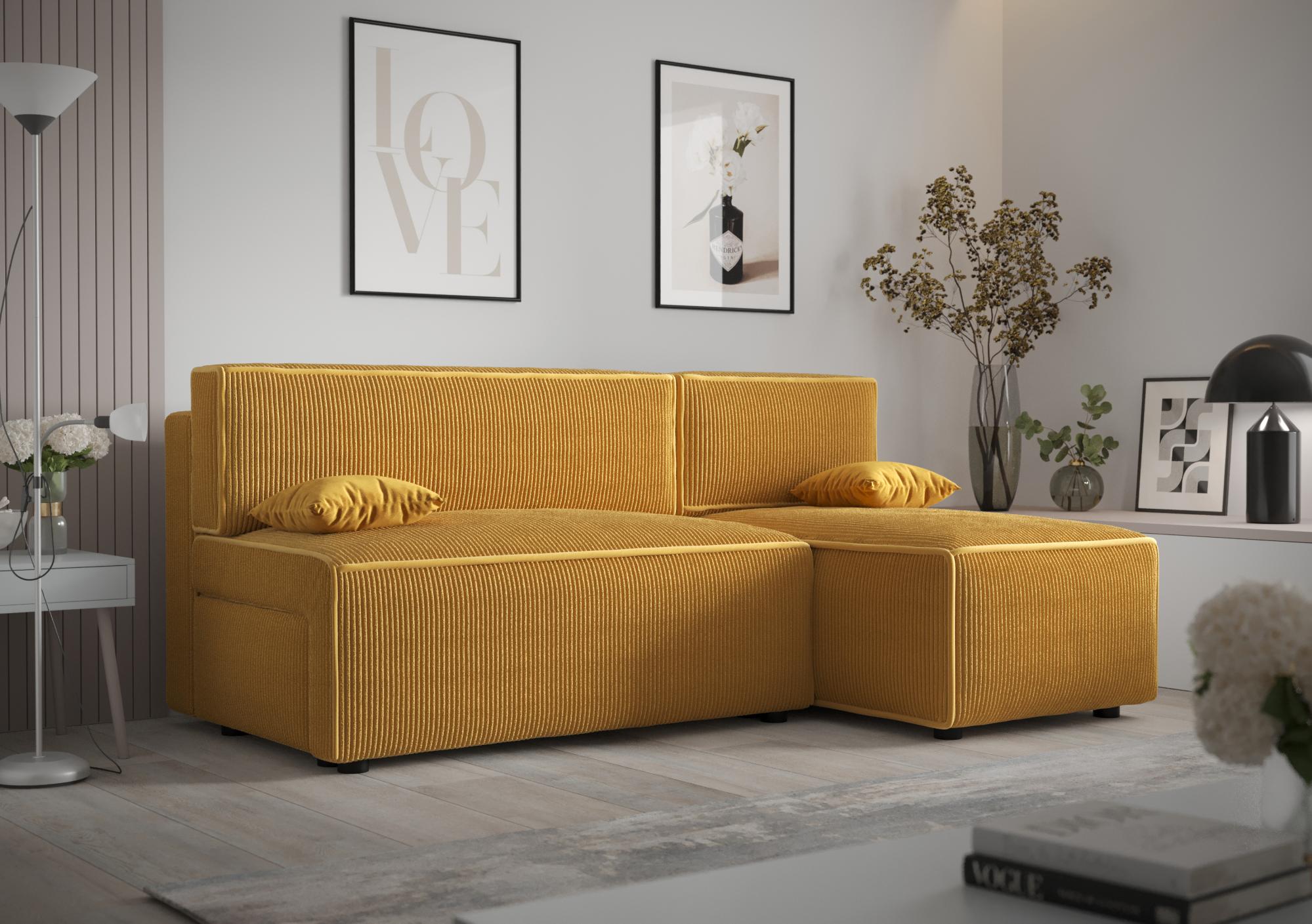 Canapé d'angle Alvito, Couleur : Yellow miel. Matériel : Velours côtelé ...