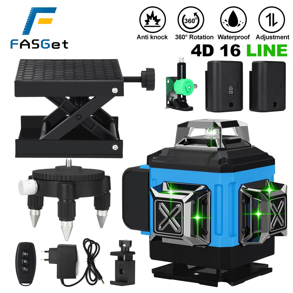 4D 16 Lignes Lumière verte Niveau Laser 360 ° Vertical Horizontal Autonivelant Outil de mesure ...