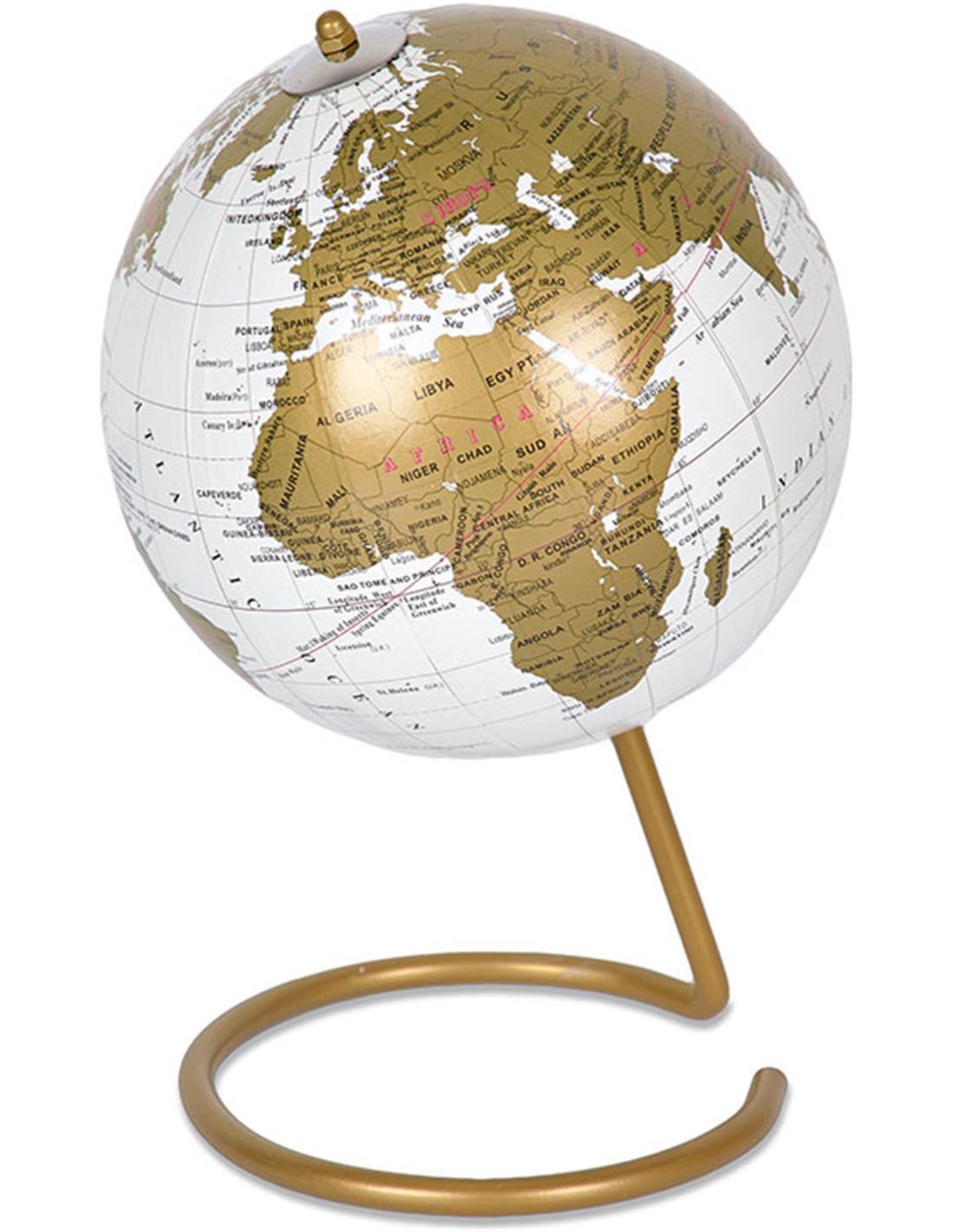 Bola del mundo en color blanco y dorado con base de metal dorado bea ...