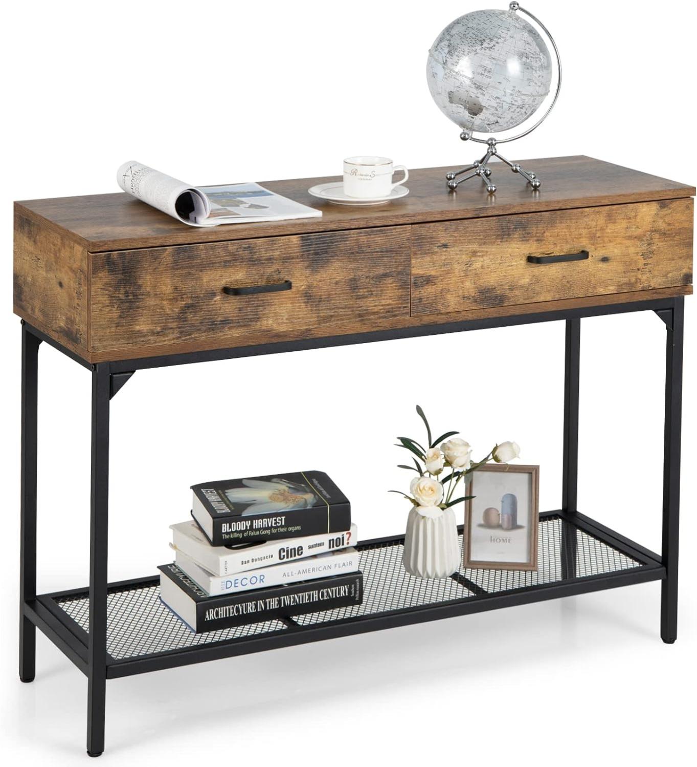 Table Console Industrielle 2 Tiroirs, Console Meuble Entrée en Bois ...