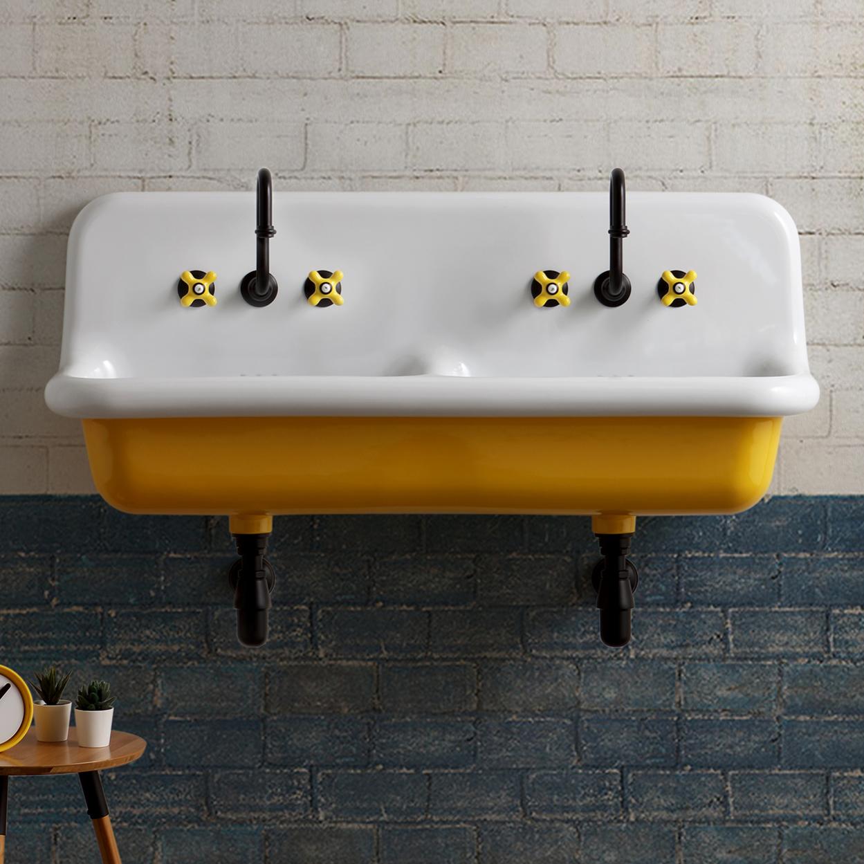 Lavabo Rétro Double Vasque en céramique Jaune moutarde brillant 120cm ...