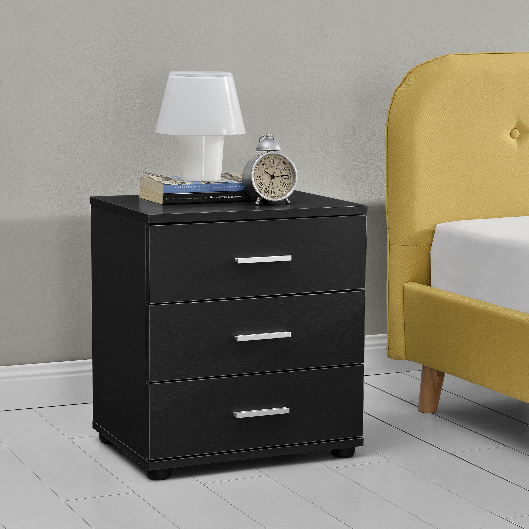 [en.casa] Comodino da letto elegante nero 3 x cassetti truciolato ...