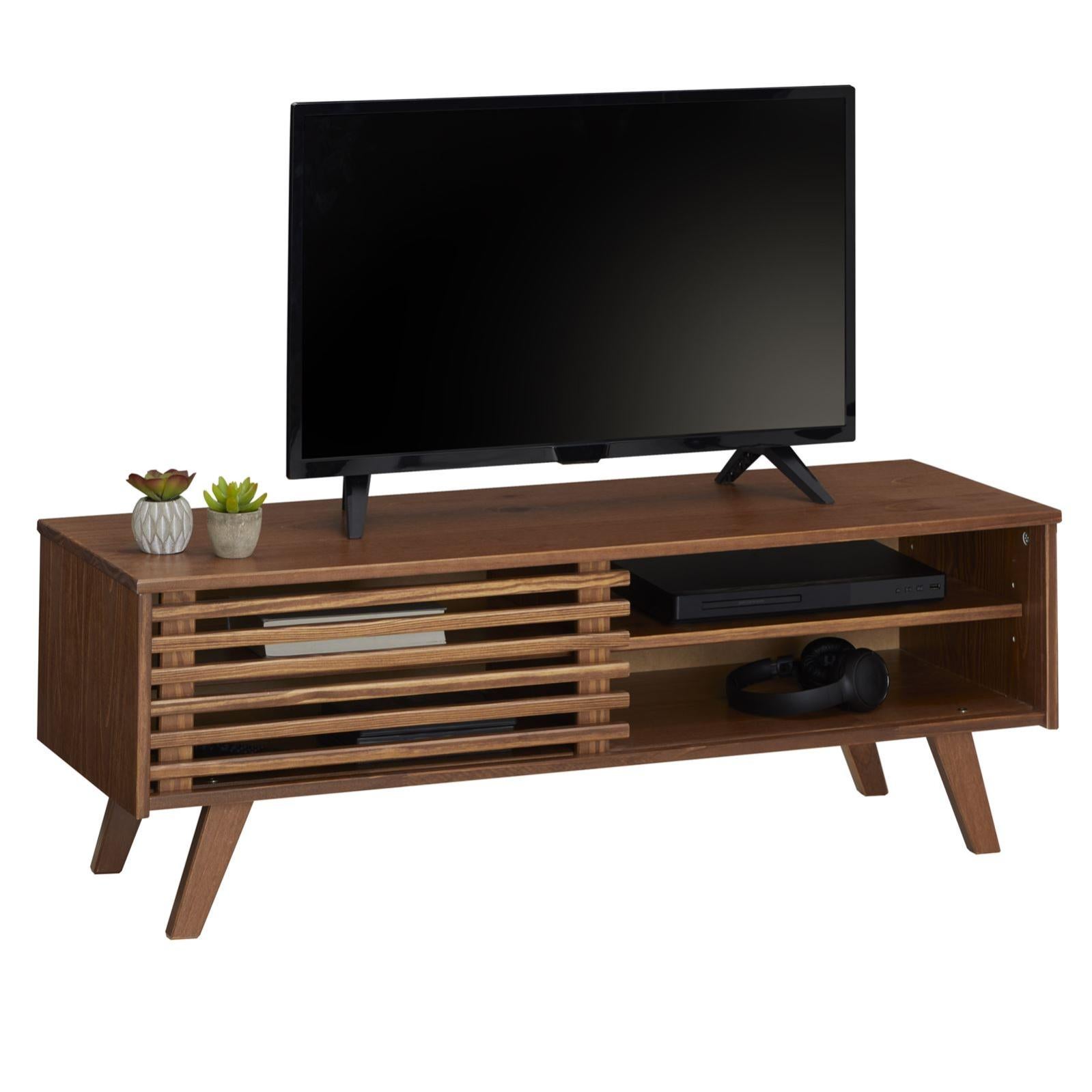 Meuble TV SEAN, 4 niches en pin massif lasuré brun foncé | Leroy Merlin