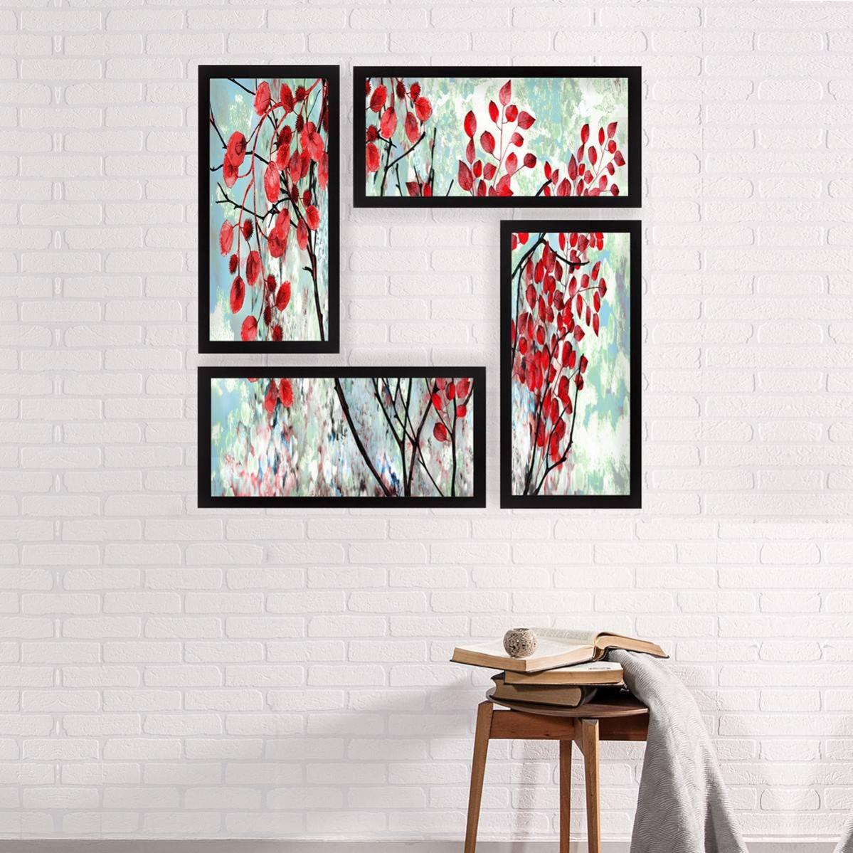 Lot de 4 tableaux quadriptyque encadré Noir Artiso Motif Peinture arbre à feuille rouge | Leroy ...