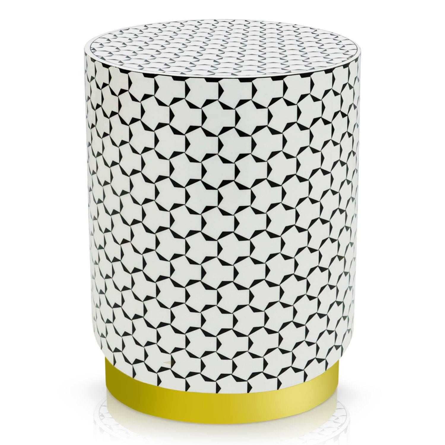 Pouf cylindrique Combino Motif géométrique Noir et blanc pied or ...