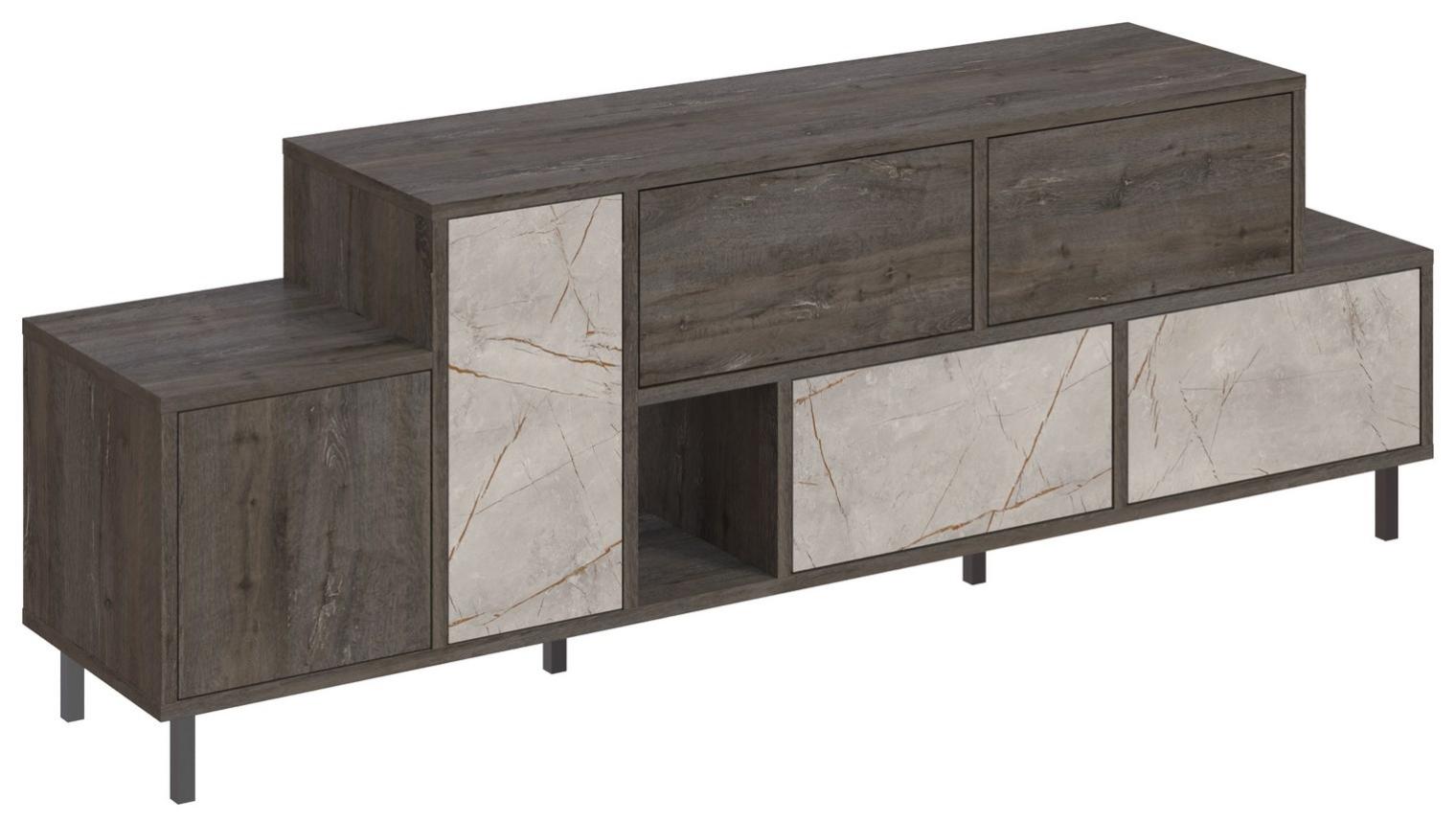 Meuble TV bois marron et beige effet marbre mélaminé 6 tiroirs 1 porte Kermina 171 cm | Leroy Merlin