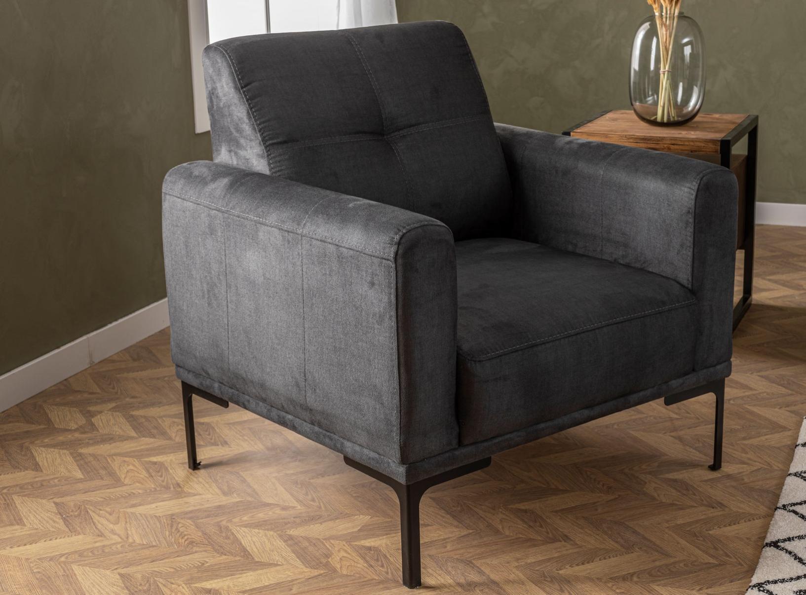 Fauteuil moderne tissu doux anthracite pieds métal noir Kustone 88cm ...