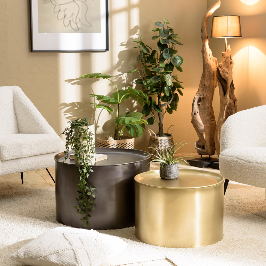 JONAS - Set de 2 tables d'appoint rondes métal gris anthracite et doré ...