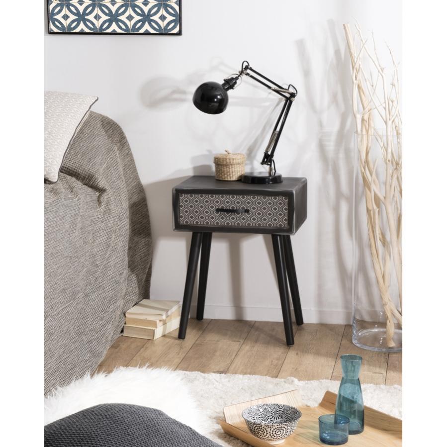 ROMAIN - Chevet noir 1 tiroir motifs noirs et blancs Pin | Leroy Merlin