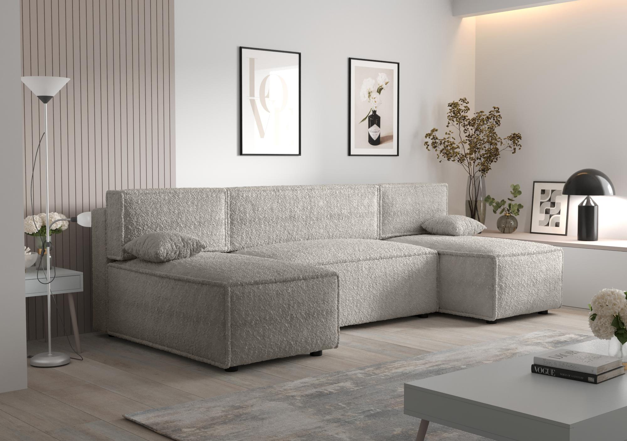 Divano angolare Alvito U, Colore: Beige. Materiale: Bouclé. D ...