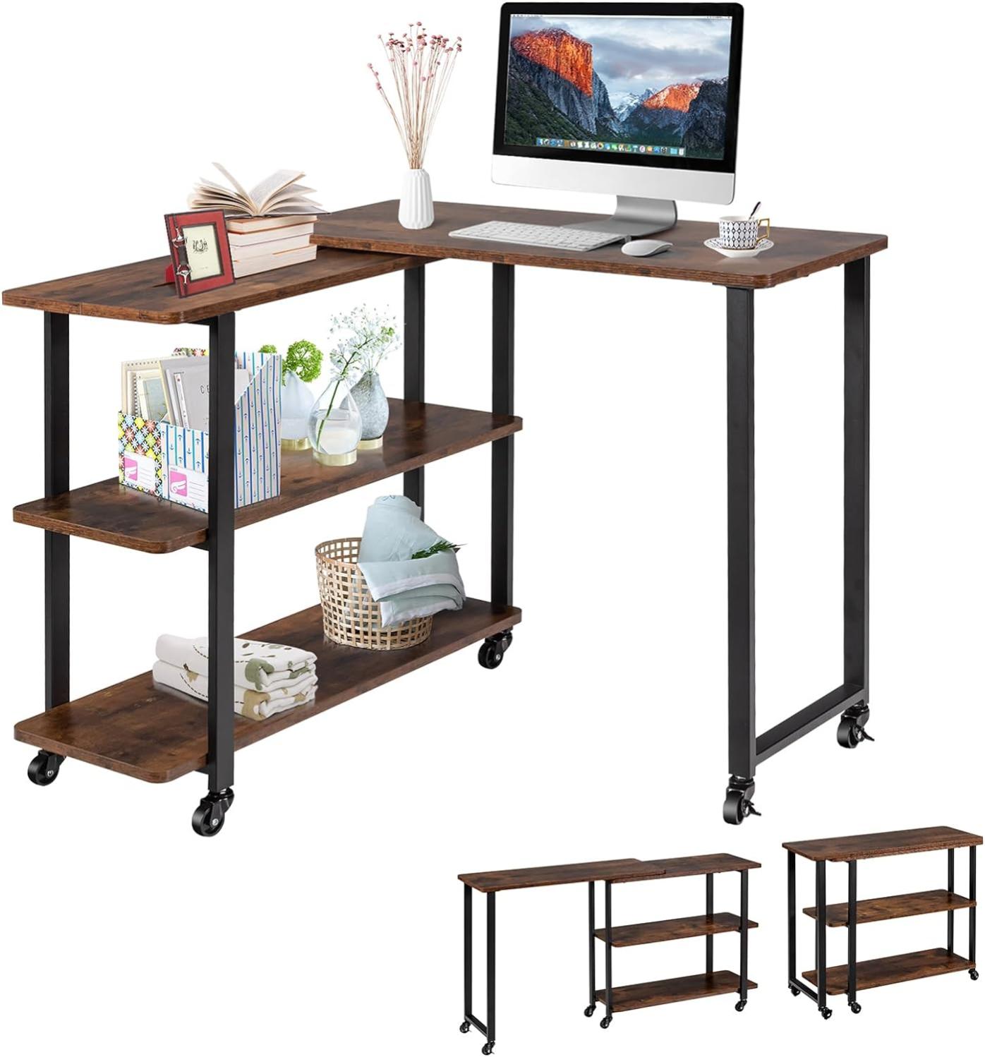 Table Roulante, Bureau d’Angle Mobile avec 3 Étagères, Marron Rustqiue ...