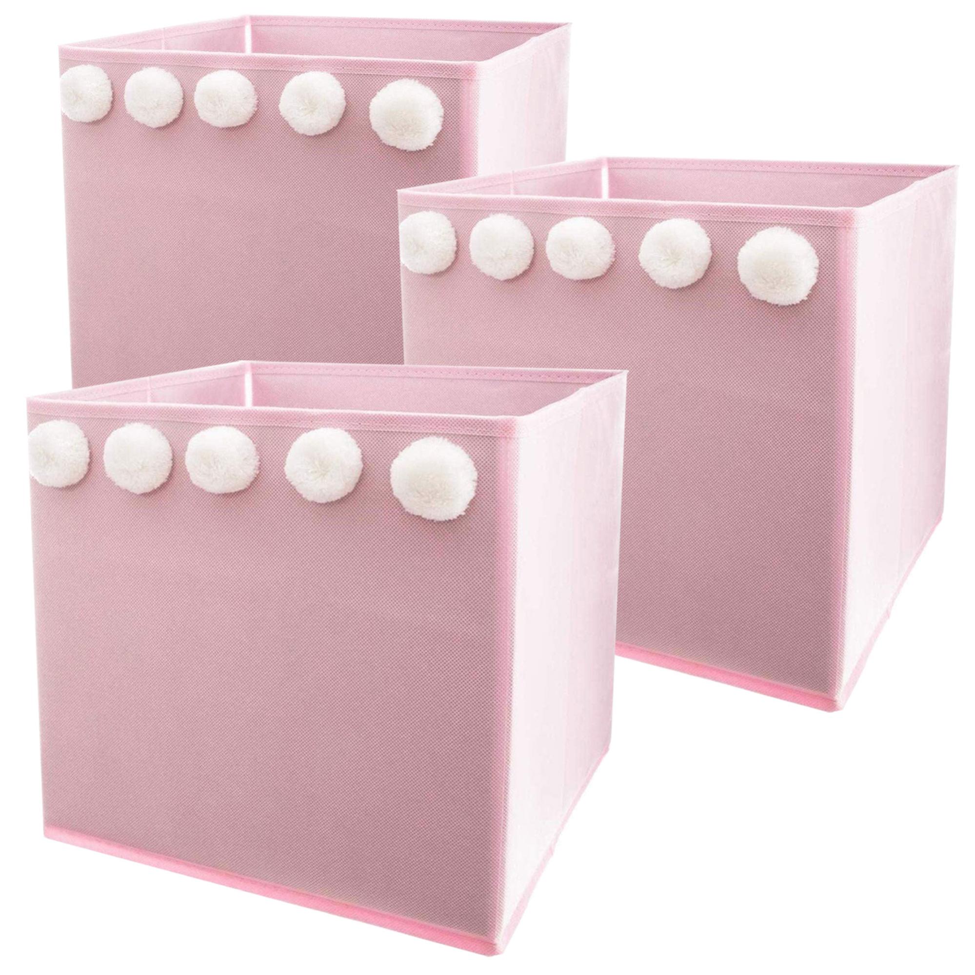 ENSEMBLE DE 3 BOÎTES DE RANGEMENT ENFANTINES AVEC POMPONS ROSES - 29 x ...