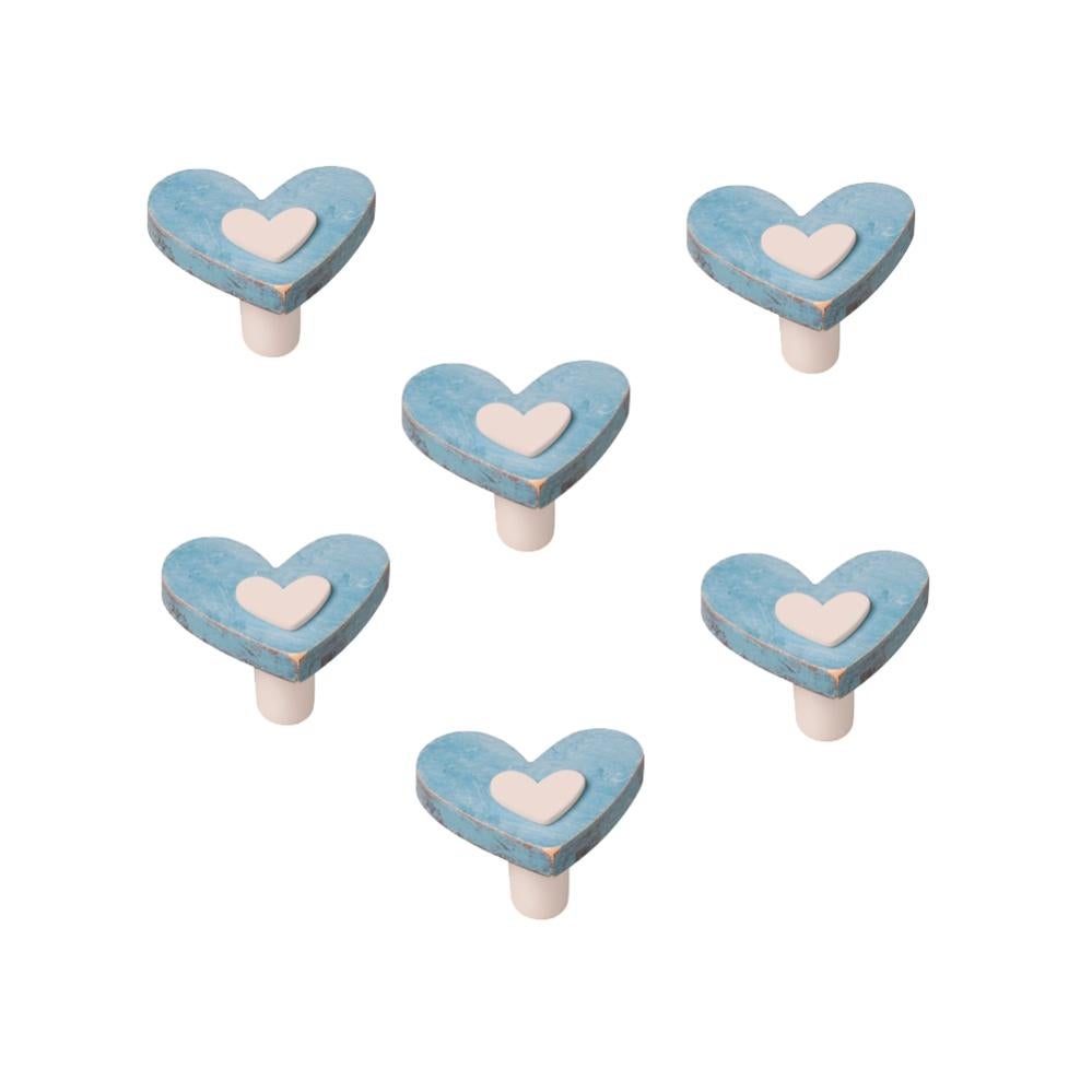 6 Un. POMOLI Maniglie Mobile BEBÉ bambino corazón legno BLU SHABBY CHIC ...