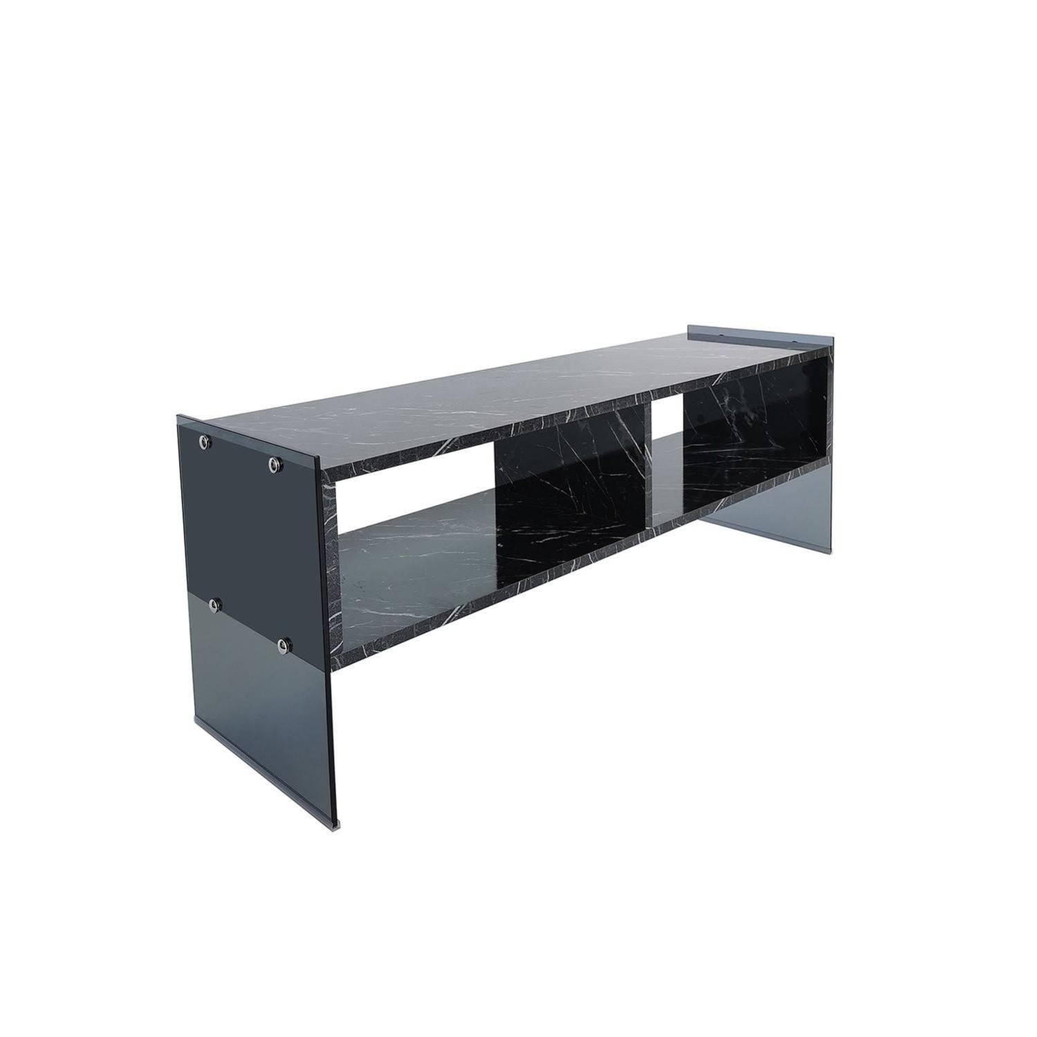 Meuble TV 2 étagères Doris L120xH45cm Bois Effet marbre Noir et Verre ...