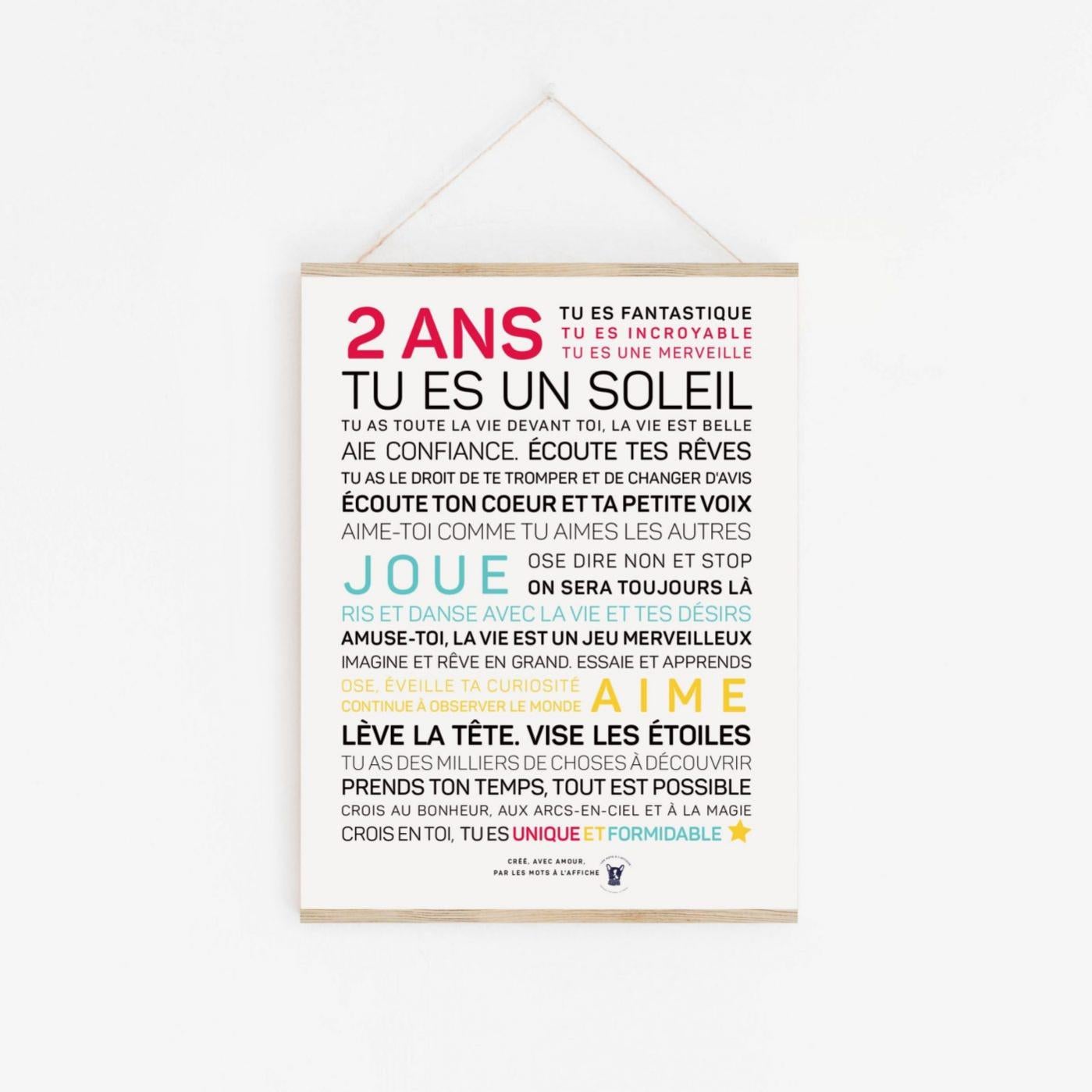 Affiche imprimée A2 "2 ans" (Poster) 42 x 59.4 cm avec suspension en ...