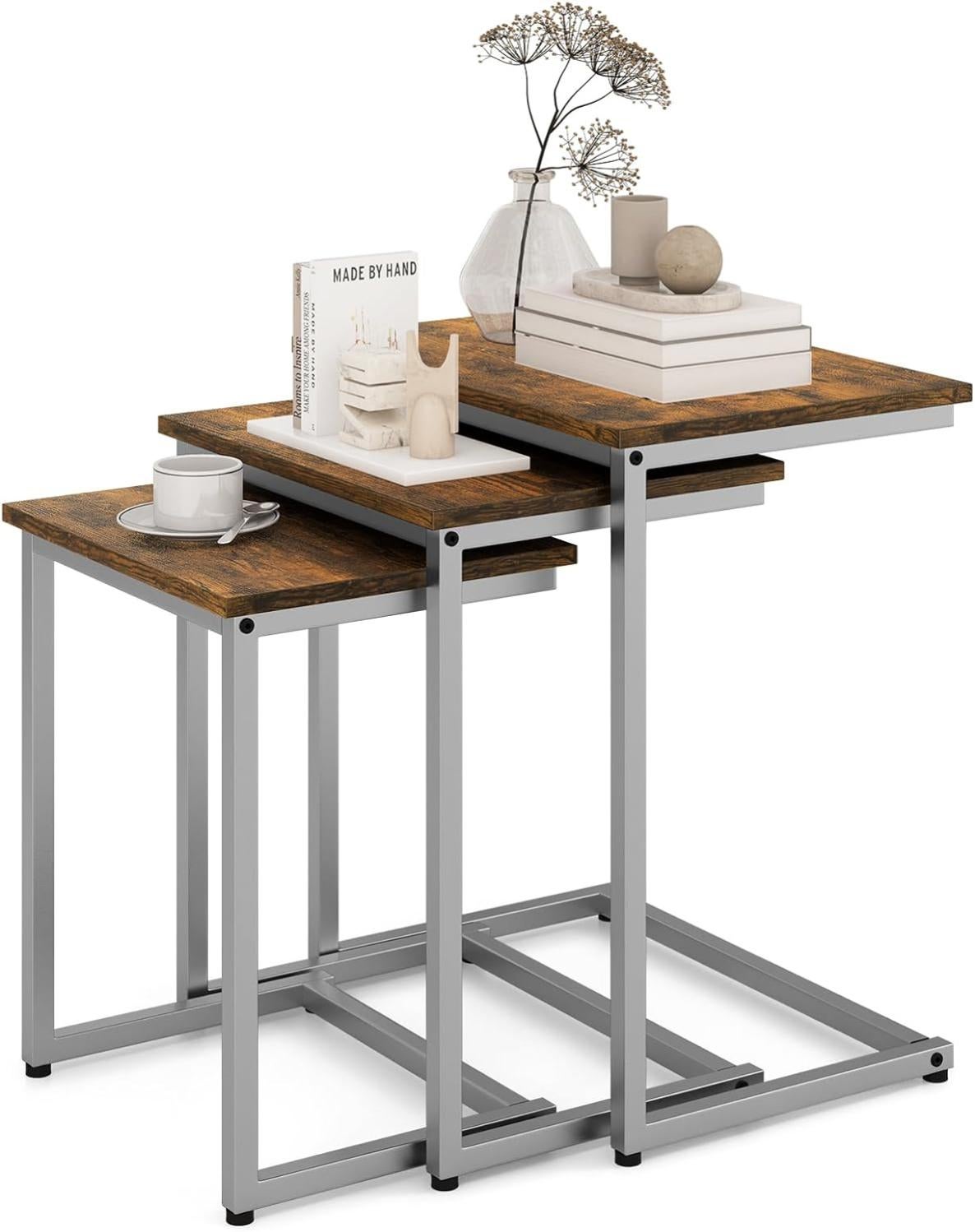 Tables Basses Gigognes Lot de 3, Table d'Appoint en Forme C pour Canapé ...