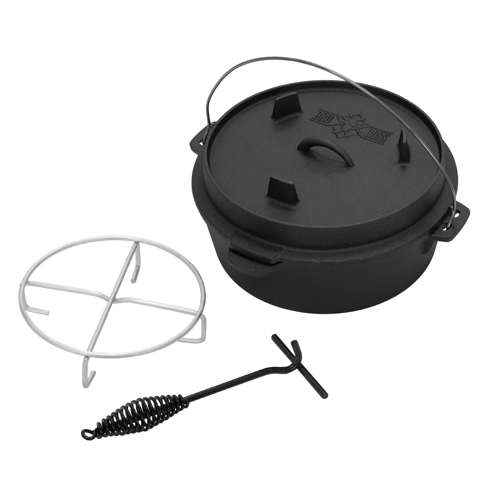 Dutch Oven Set Bbq 73l Noir En Fonte Avec Lève Couvercle Et Dessous De Plat Bbqboss Leroy Merlin